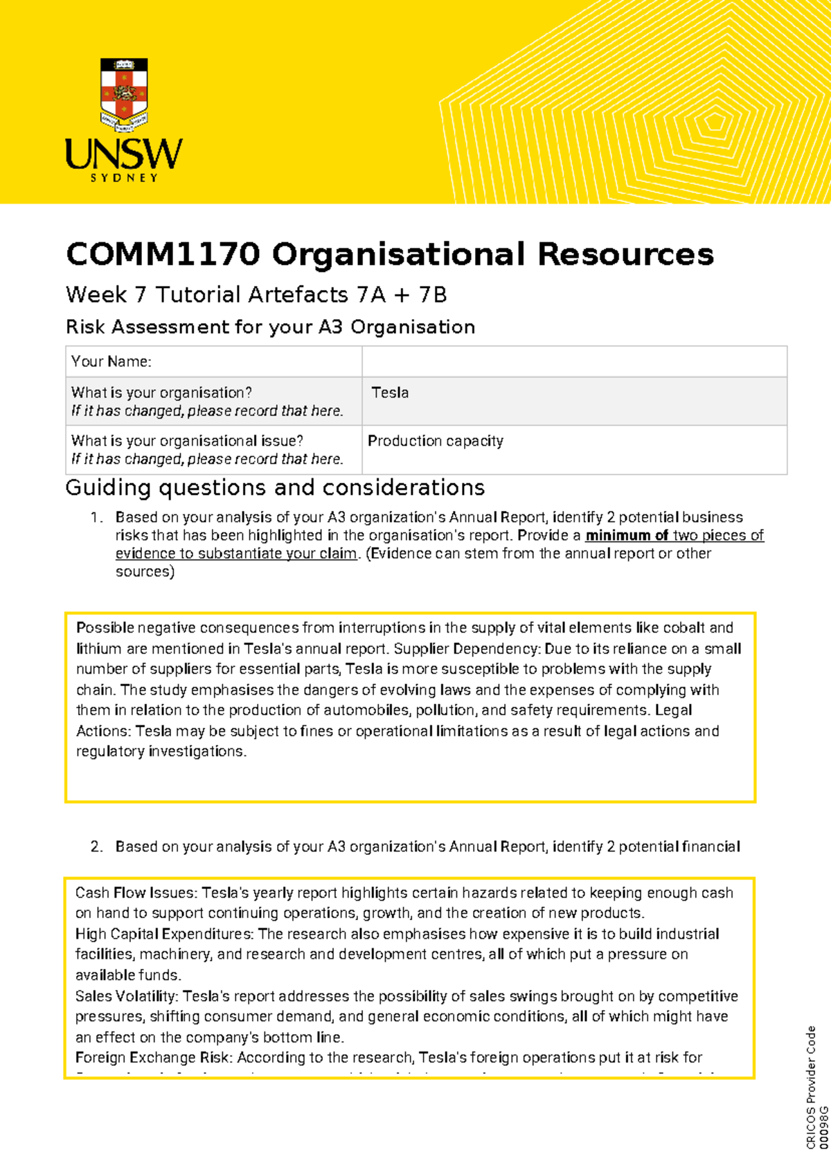 week 7 artefact worksheet for tutorial - COMM1170 Organisational Resources Week 7 Tutorial ...