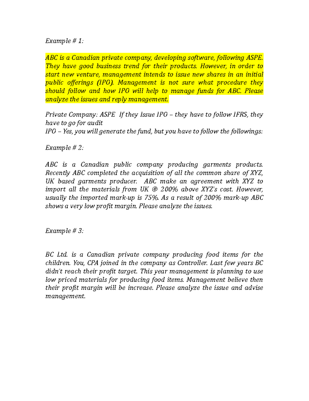 Example of Case Fact Analysis - Example # 1: ABC is a Canadian private ...