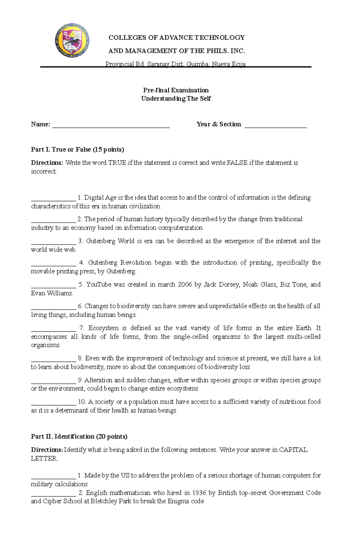 Pre-final Exam - STS - COLLEGES OF ADVANCE TECHNOLOGY AND MANAGEMENT OF ...