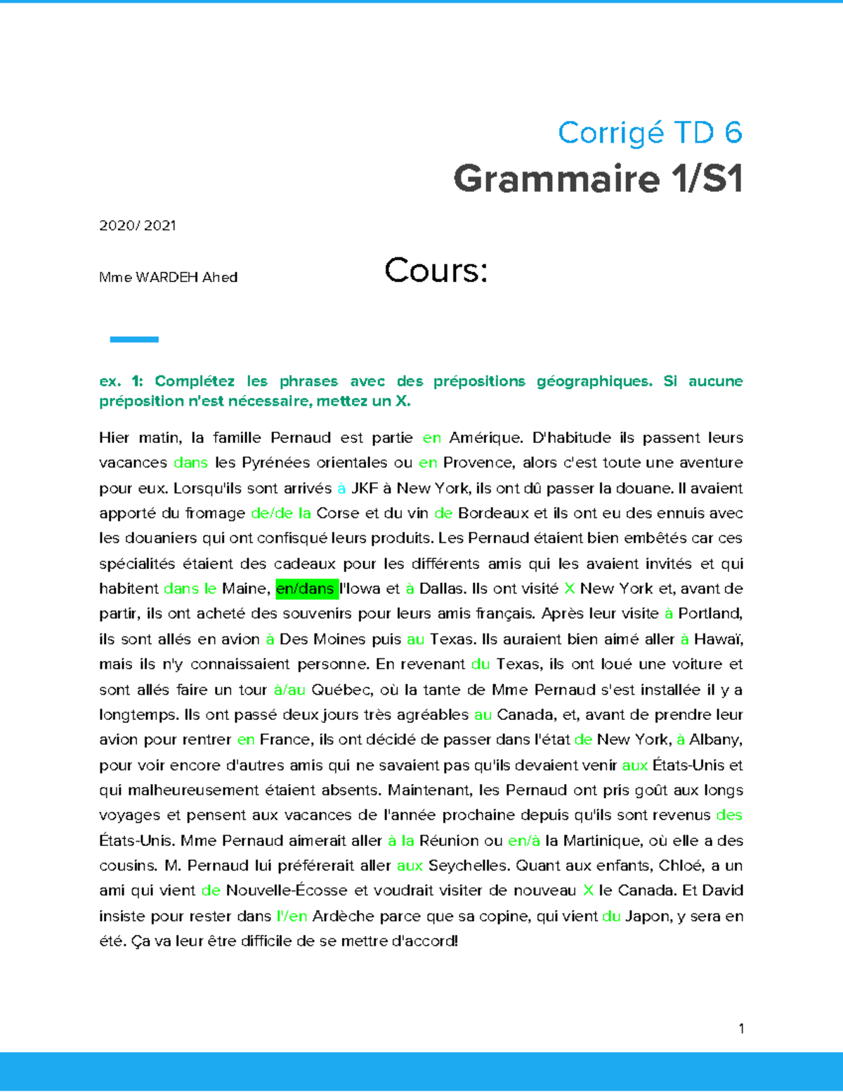Corrigé du TD6 Grammaire 1 - Corrigé TD 6 Grammaire 1/S 2020/ 2021 Mme WARDEH Ahed Cours: ex. 1 ...