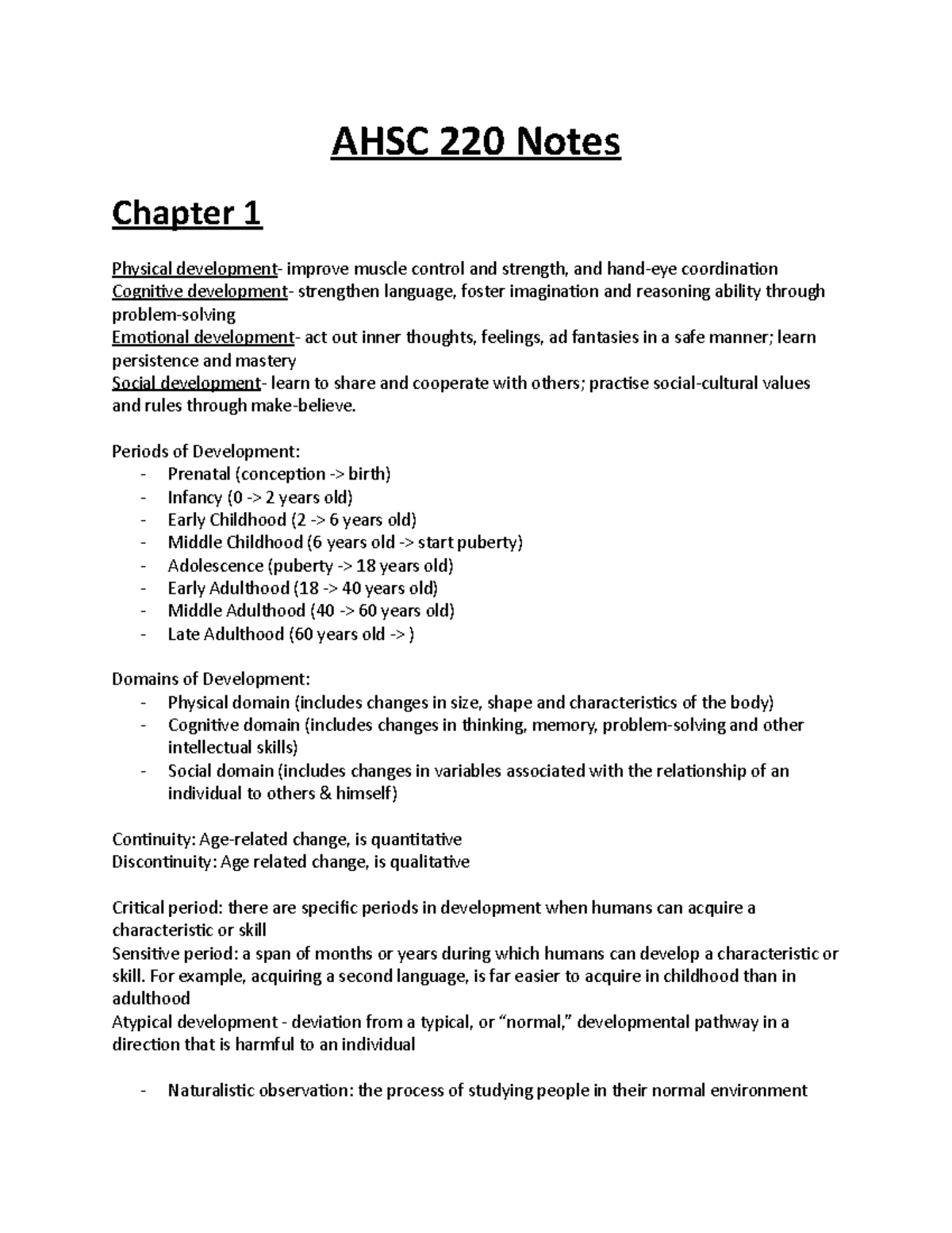 AHSC 220 Notes - AHSC 220 Notes Chapter 1 Physical development- improve ...