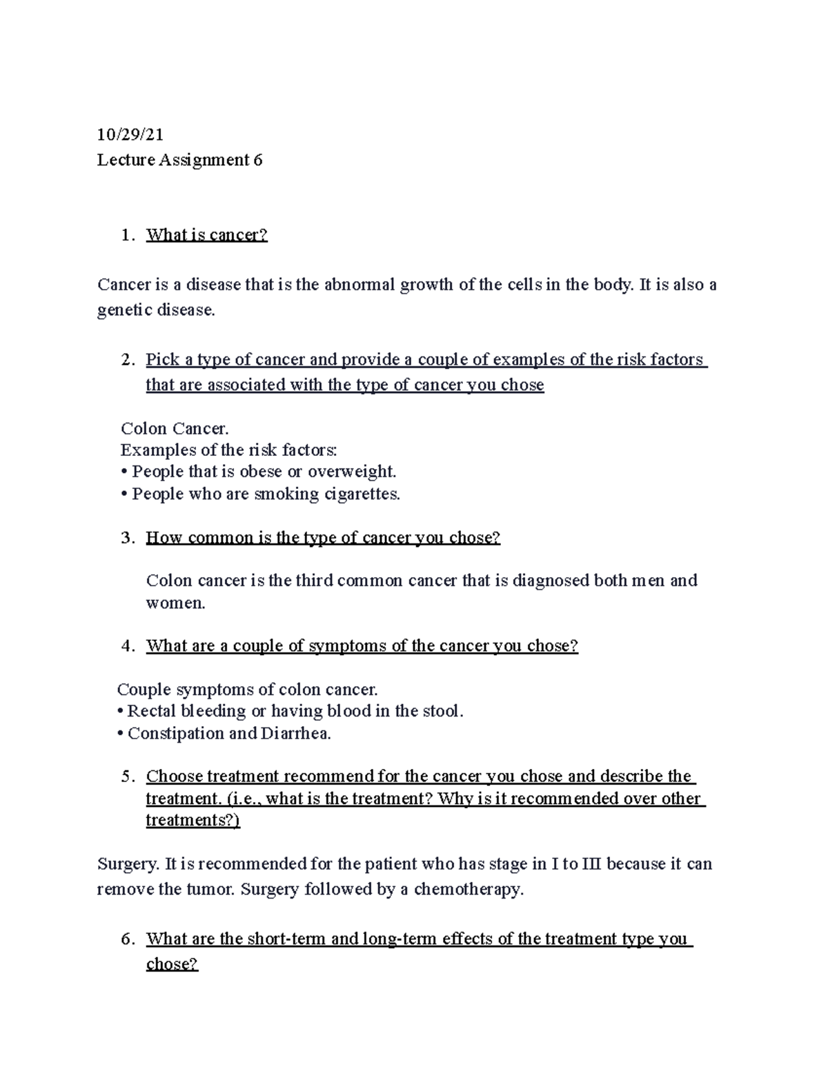 BIOL LA6 - Assignment about Cancer - 10/29/ Lecture Assignment 6 What ...