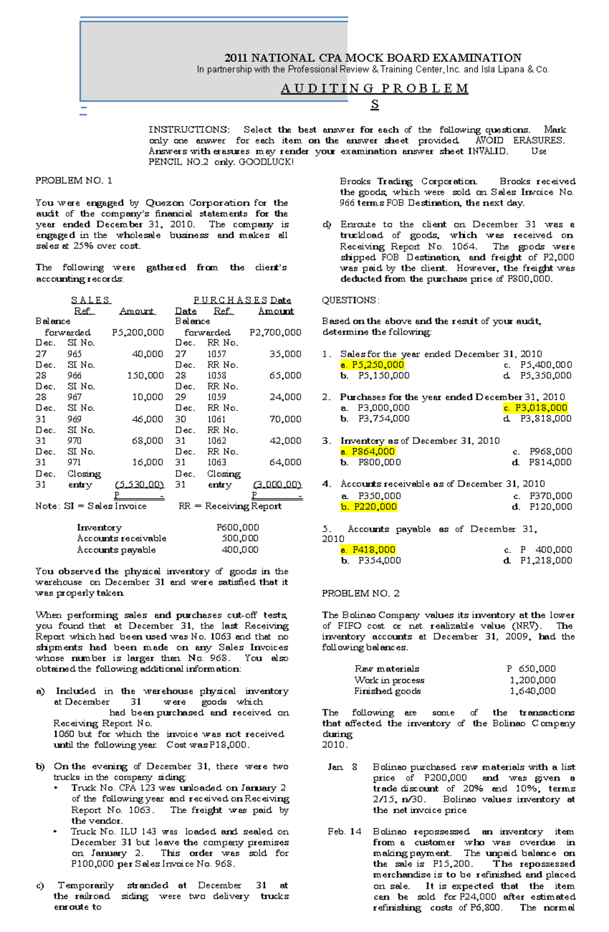 Audit Problems exams - 2011 NATIONAL CPA MOCK BOARD EXAMINATION In ...