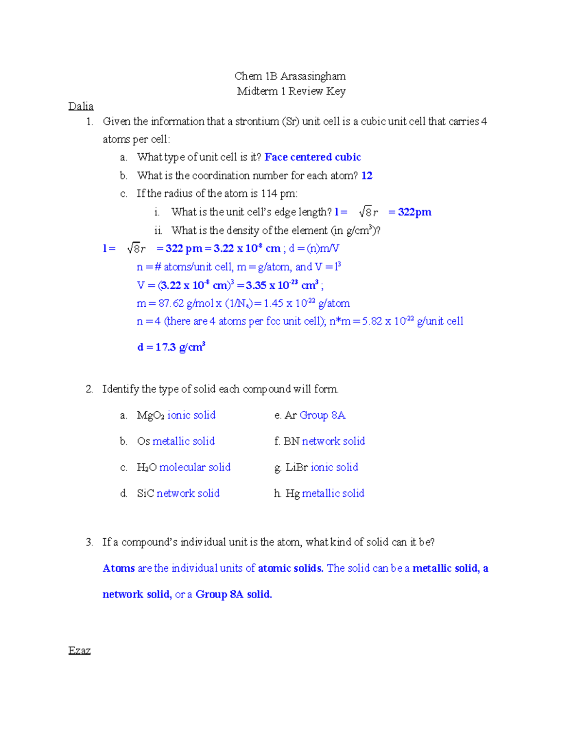 Arasasingham Midterm 1Answer Key - Chem 1B Arasasingham Midterm 1 ...