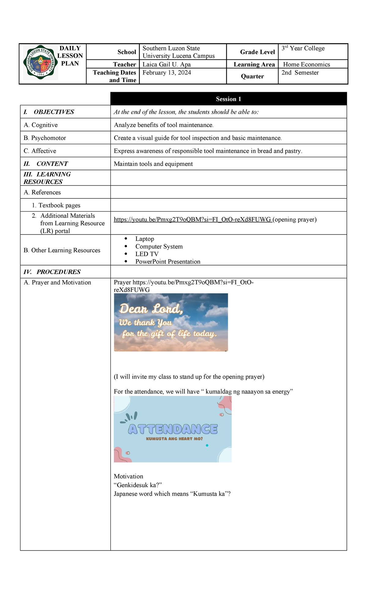 APA LP HE maintain tools equipment - DAILY LESSON PLAN School Southern ...