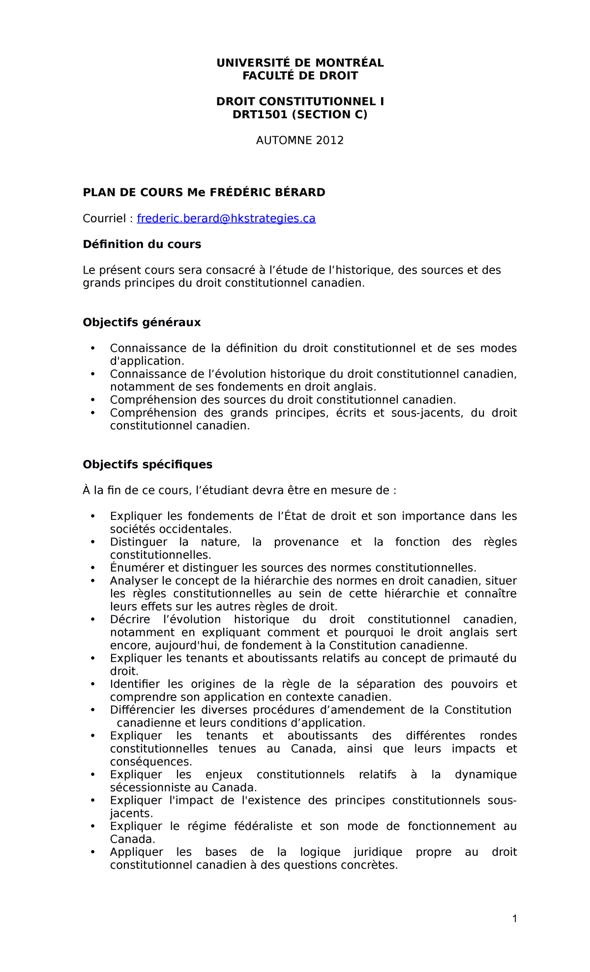 DRT1501 plan de cours - UNIVERSITÉ DE MONTRÉAL FACULTÉ DE DROIT DROIT ...