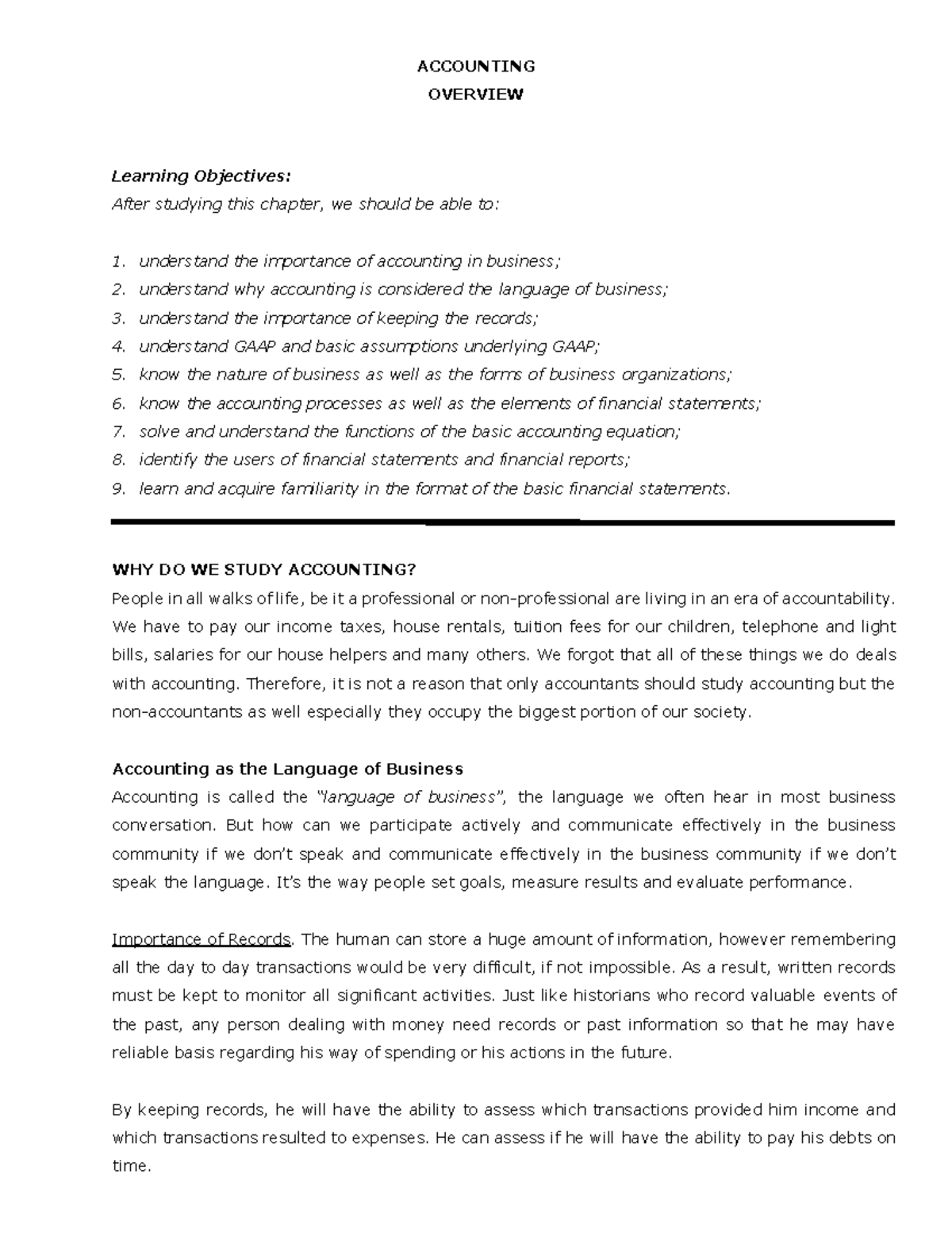 Module 1-Accounting Overview - ACCOUNTING OVERVIEW Learning Objectives ...