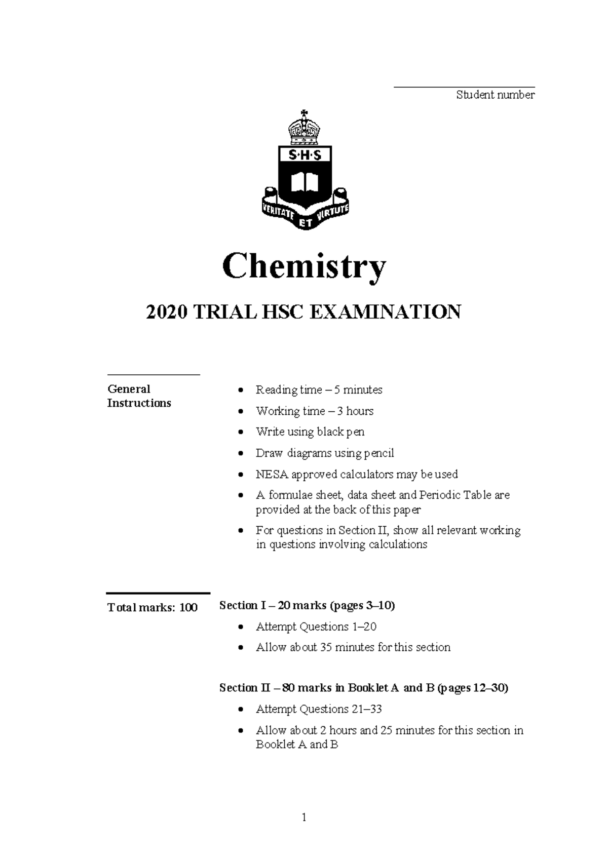 2020 sb trial - Practice - Student number Chemistry 2020 TRIAL HSC ...