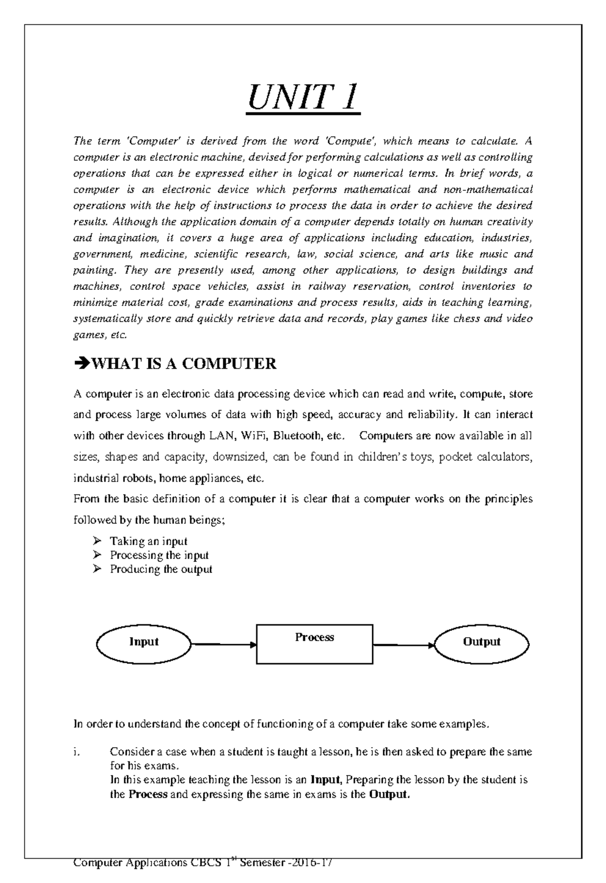Computer Applications 5thsem 1 - UNIT 1 The term 'Computer' is derived from the word 'Compute ...