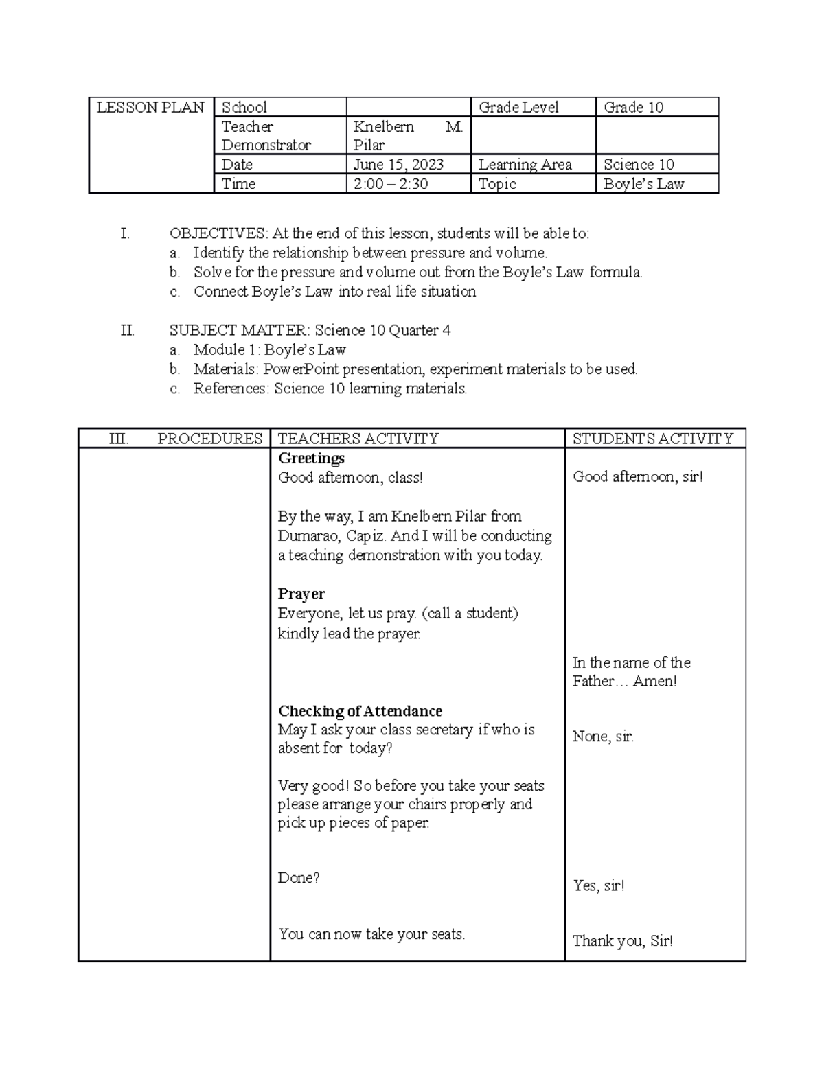 Lesson PLAN- Boyles Law - LESSON PLAN School Grade Level Grade 10 ...