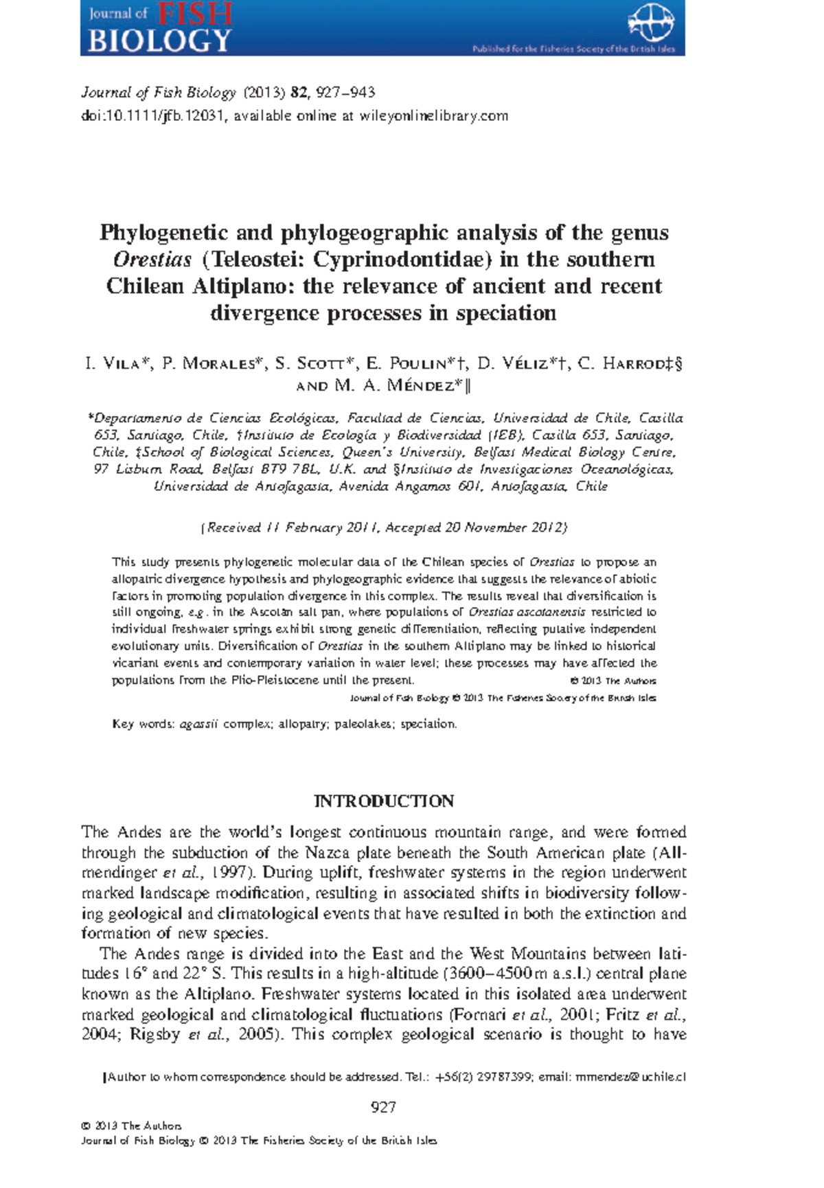 Vila et al 2013 Phylogeny Orestias Chile - Journal of Fish Biology ...