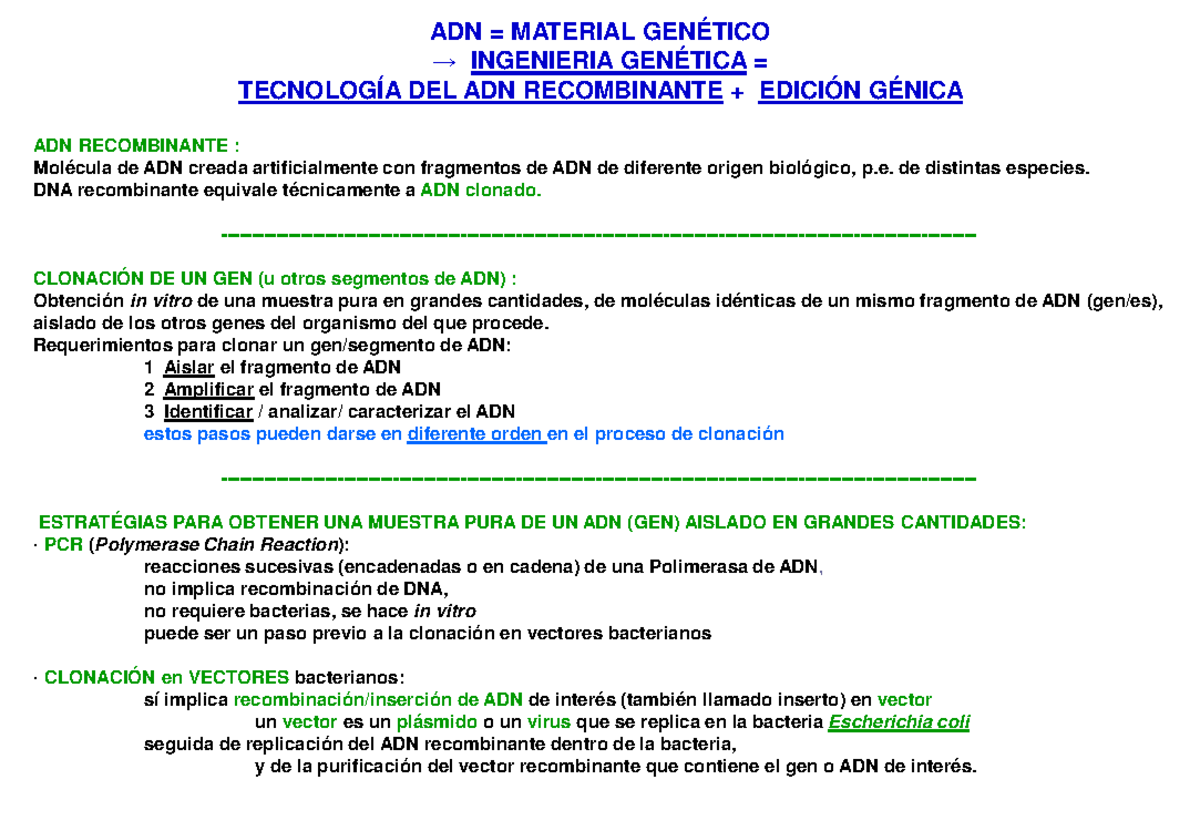 Tema 1 Genètica - ADN = MATERIAL GENÉTICO → INGENIERIA GENÉTICA ...