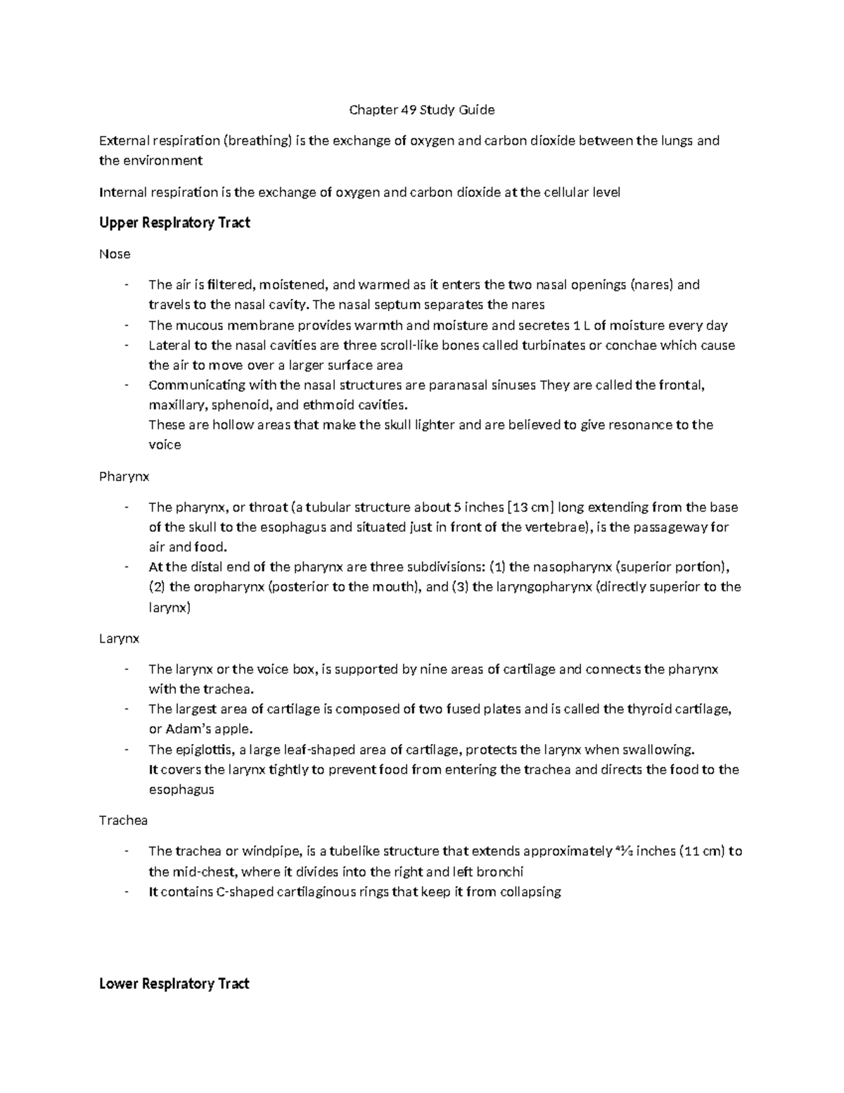 Chapter 49 Study Guide - Chapter 49 Study Guide External respiration ...