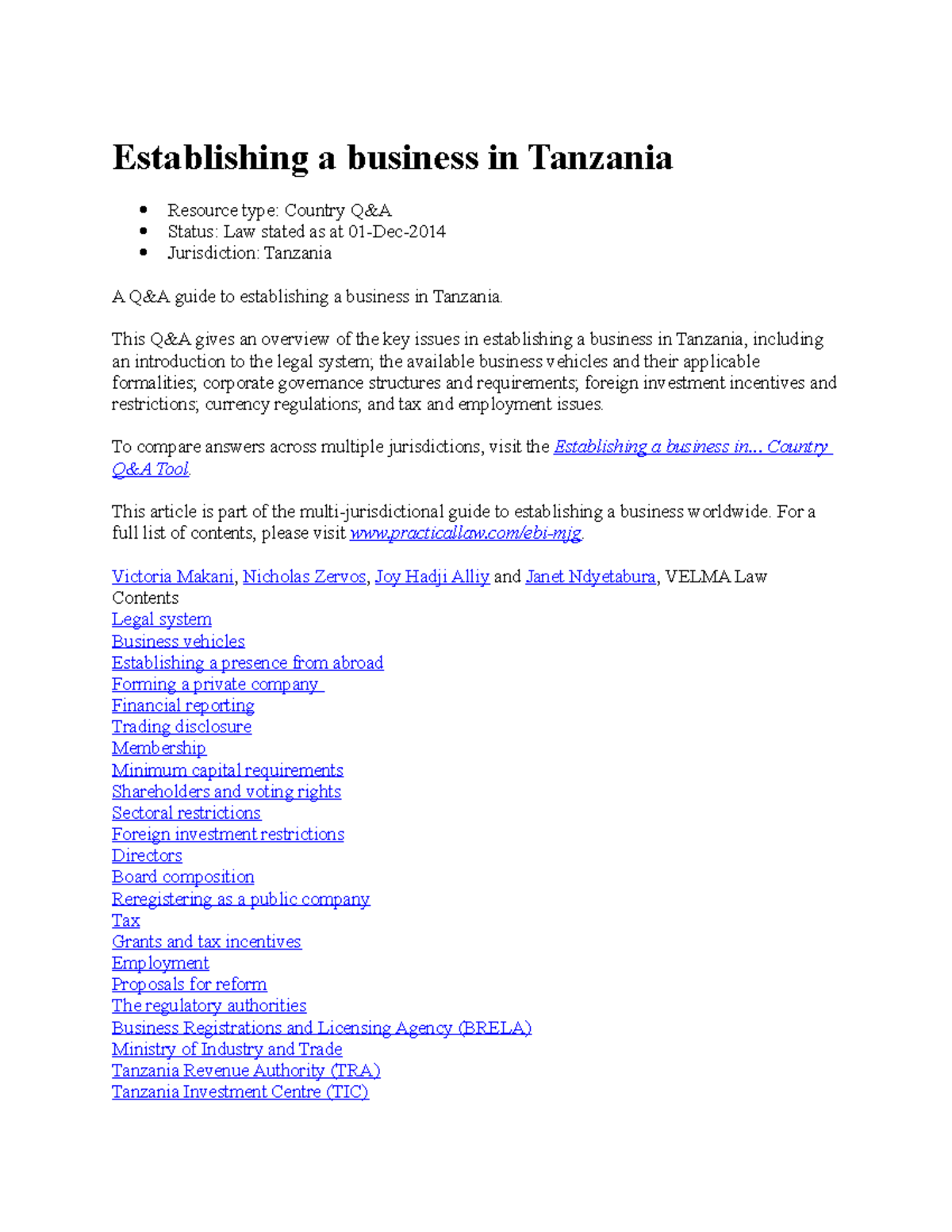 Establishing a business in Tanzania - This Q&A gives an overview of the ...