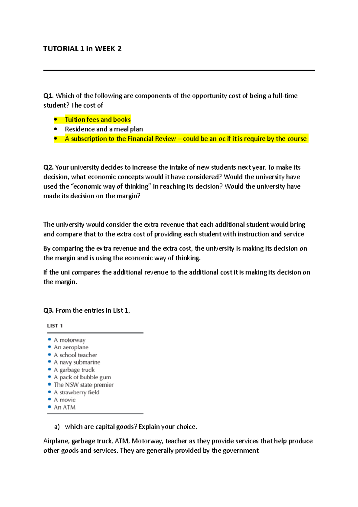Tutorial 1 in WEEK 2 - questions and answers - TUTORIAL 1 in WEEK 2 Q1 ...