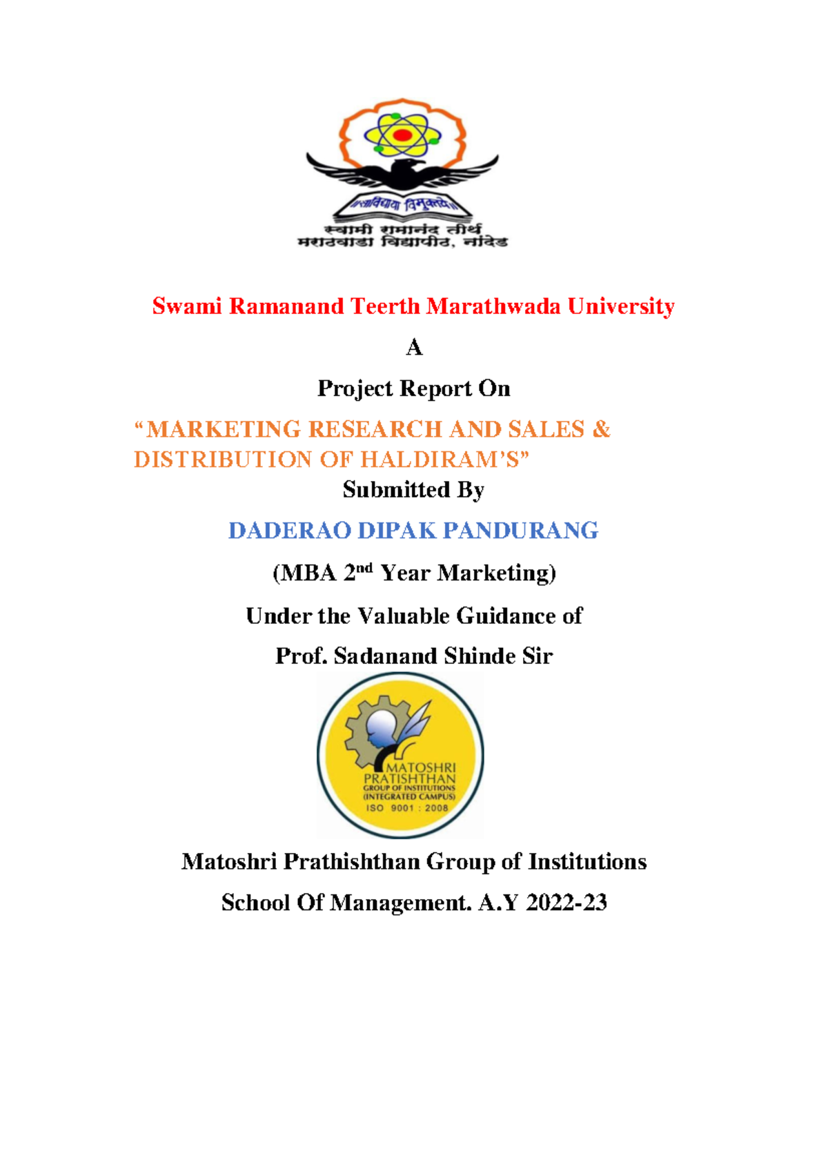 Project report on finance and marketing - Swami Ramanand Teerth ...