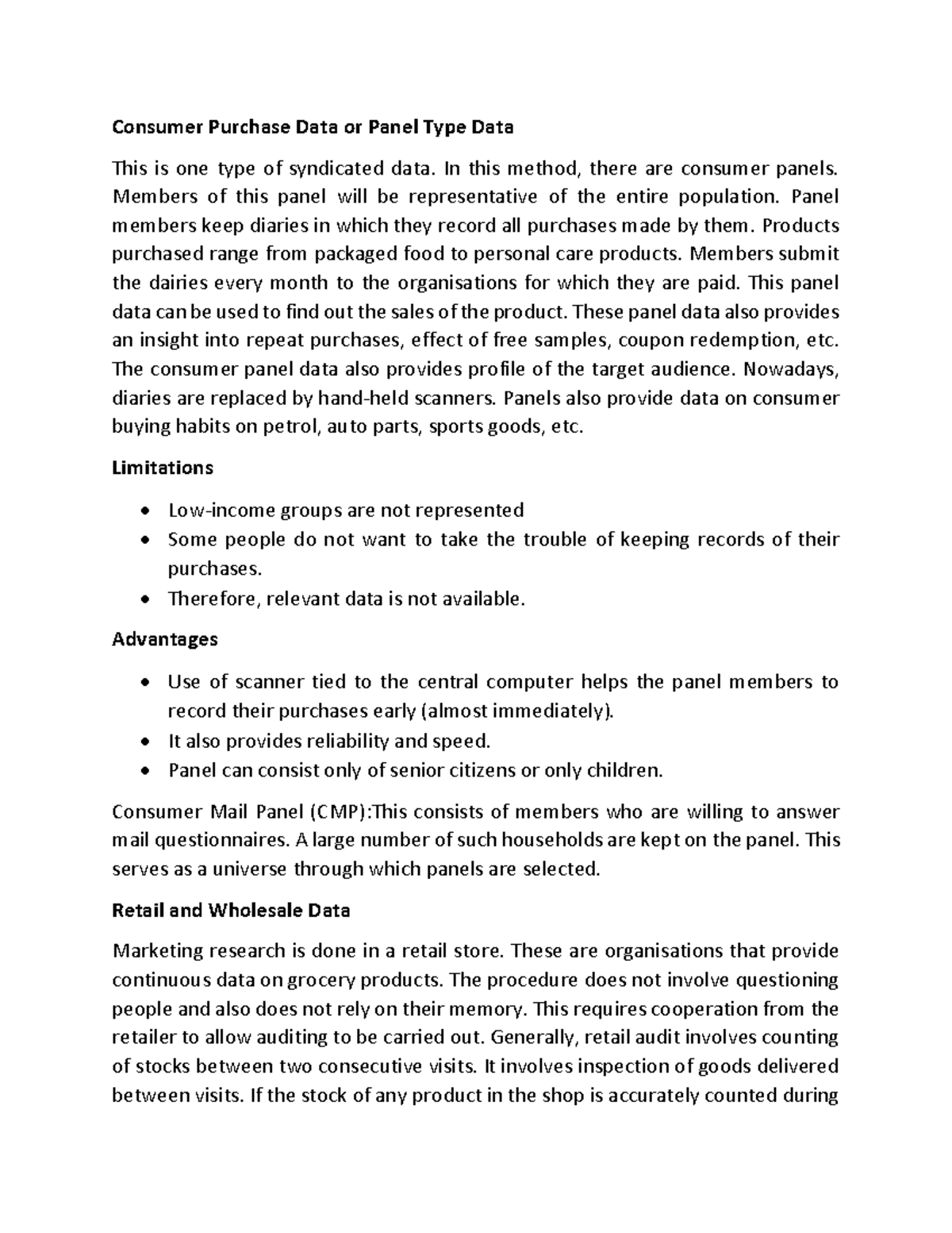 Panel type data - Consumer Purchase Data or Panel Type Data This is one ...