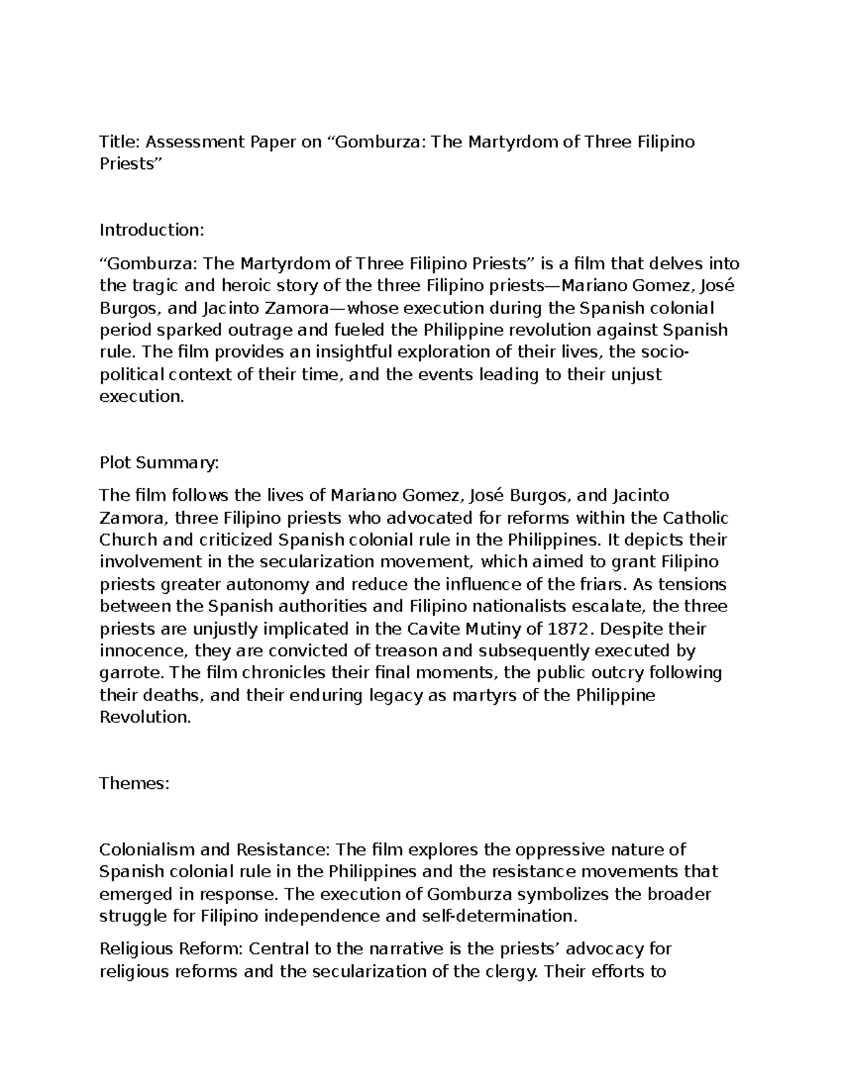 Assessment paper for Gomburza - Title: Assessment Paper on “Gomburza ...