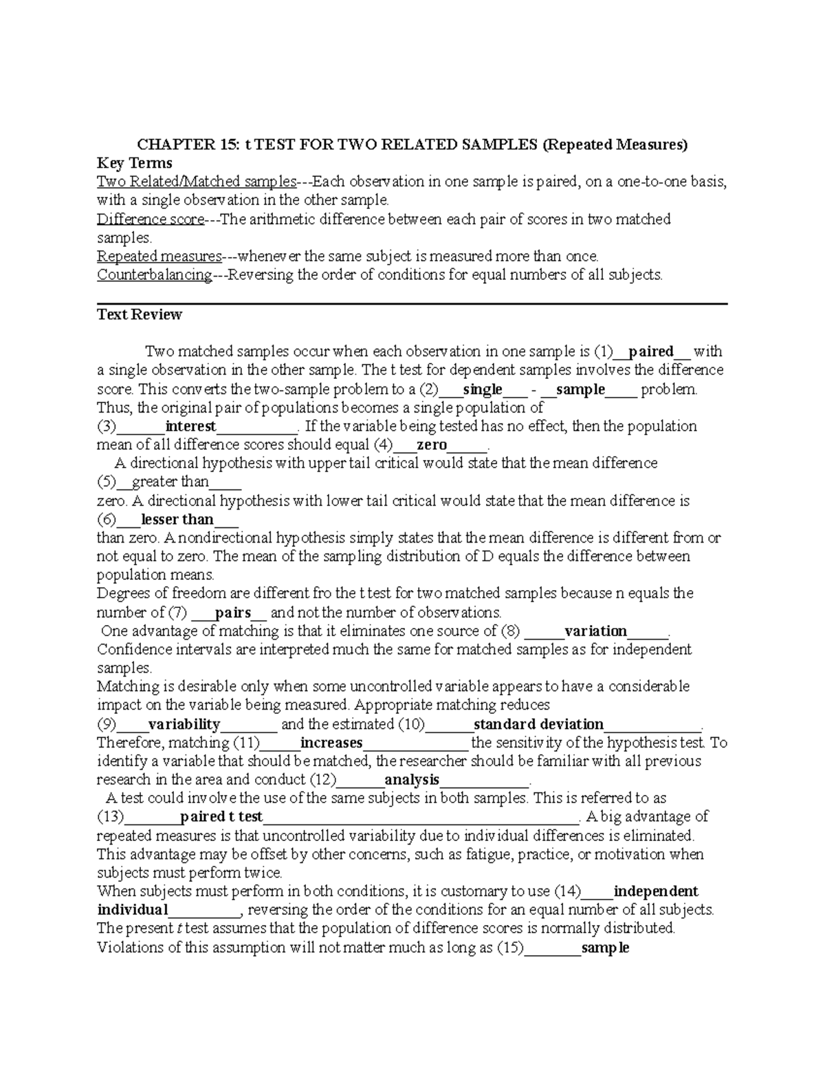 Text Review chapter 15-21 - CHAPTER 15: t TEST FOR TWO RELATED SAMPLES ...