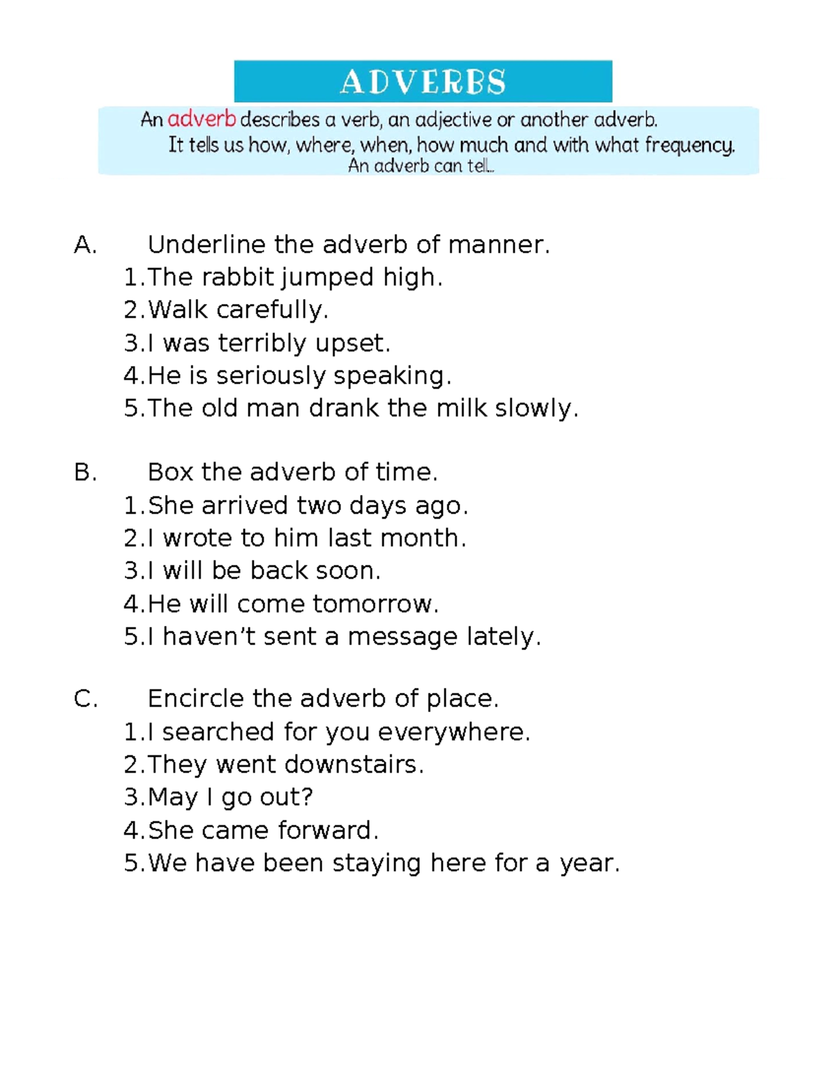 Adverb word file - A. Underline the adverb of manner. 1 rabbit jumped ...