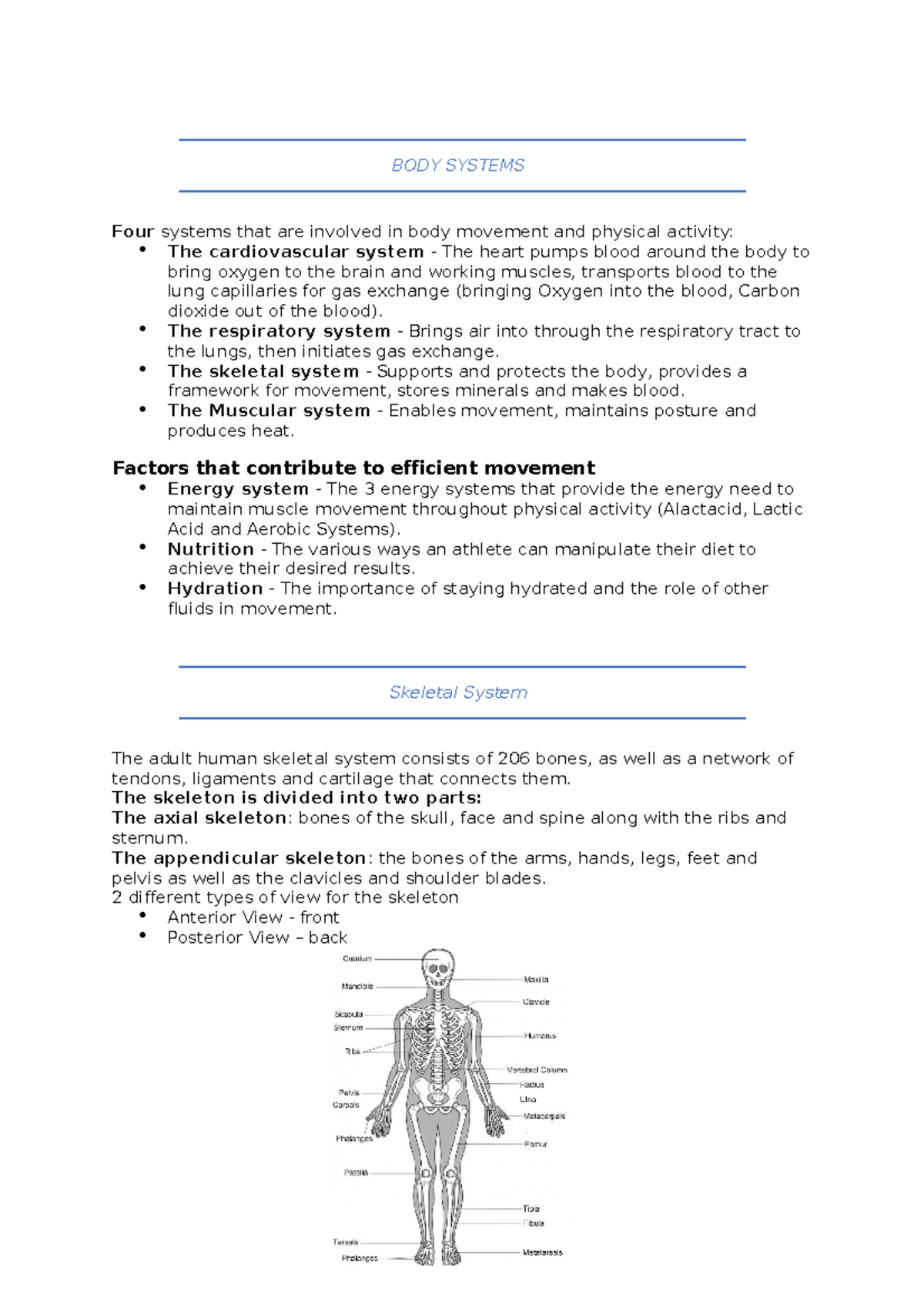 Body and Energy systems - Term 2 - BODY SYSTEMS Four systems that are ...