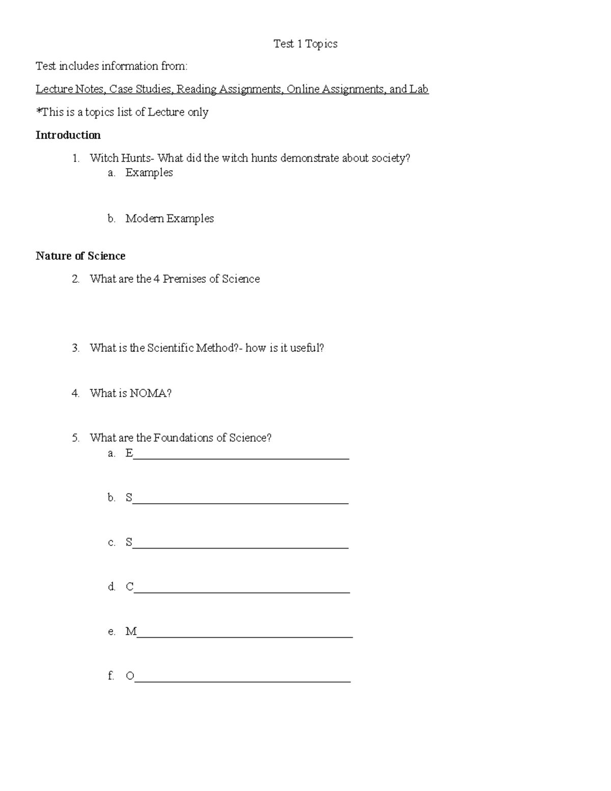 Test 1 Topics - This is the study guide for the Foundation of Science ...