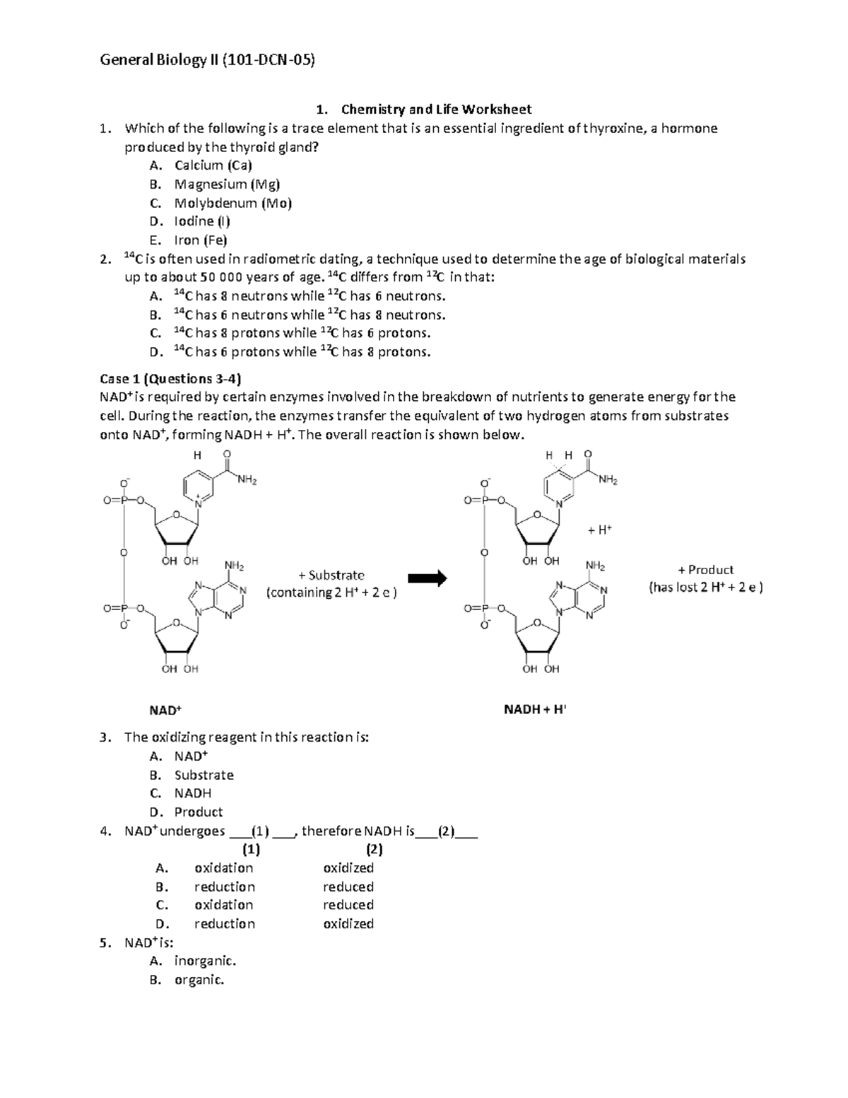 Chemistry and Life Worksheet - General Biology II (101-DCN-05 ...