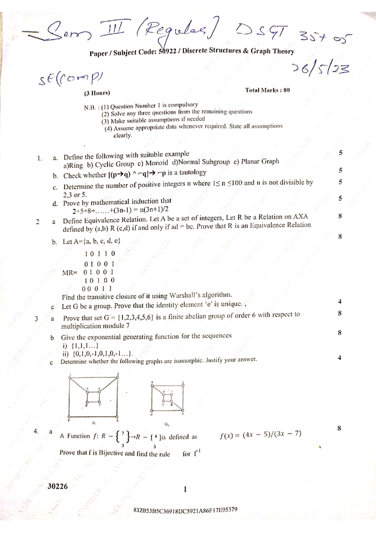 May 23-1 - Question Paper - Sem (Regular) DSGT Code: Structures Graph Theory SE(Comps Total ...