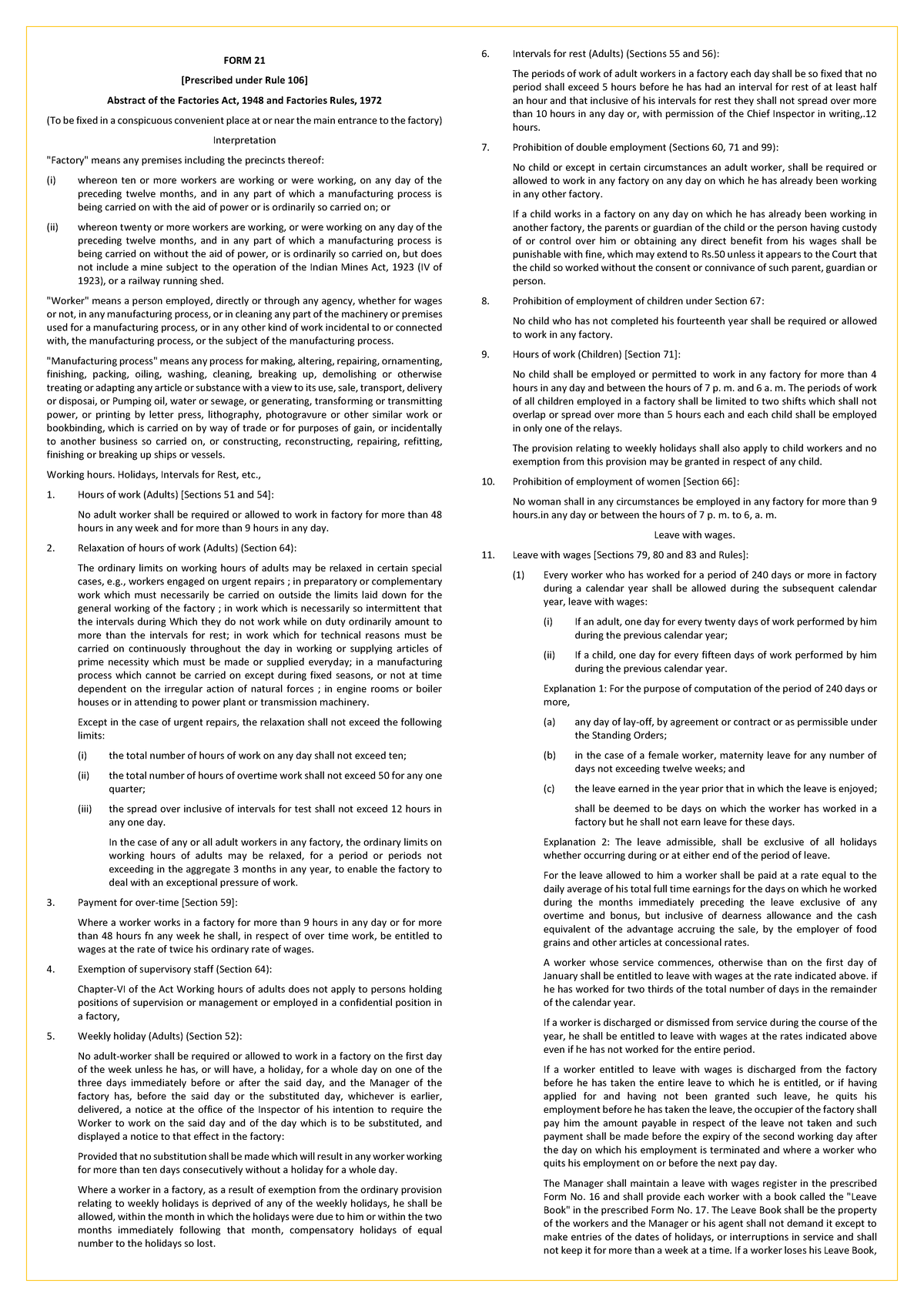 Form 21 Abstract Under The Jammu And Kashmir Factories Rules, 1972 ...