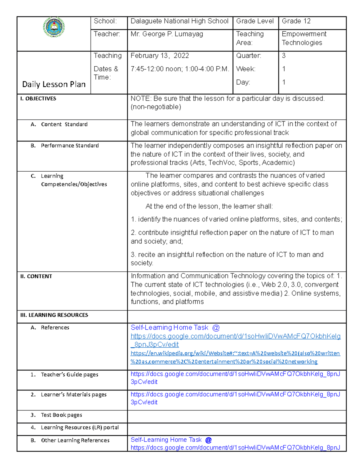 DLP Emp Tech 12 Q3 W1 D1 - teer - School: Dalaguete National High ...