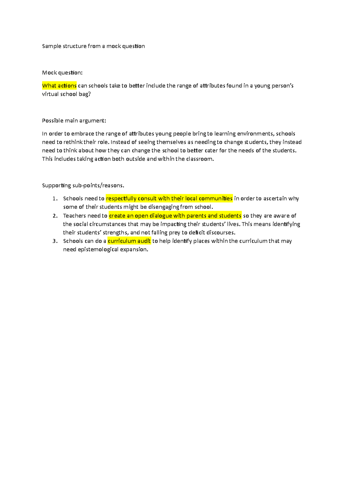 Sample structure from a mock question - Instead of seeing themselves as ...