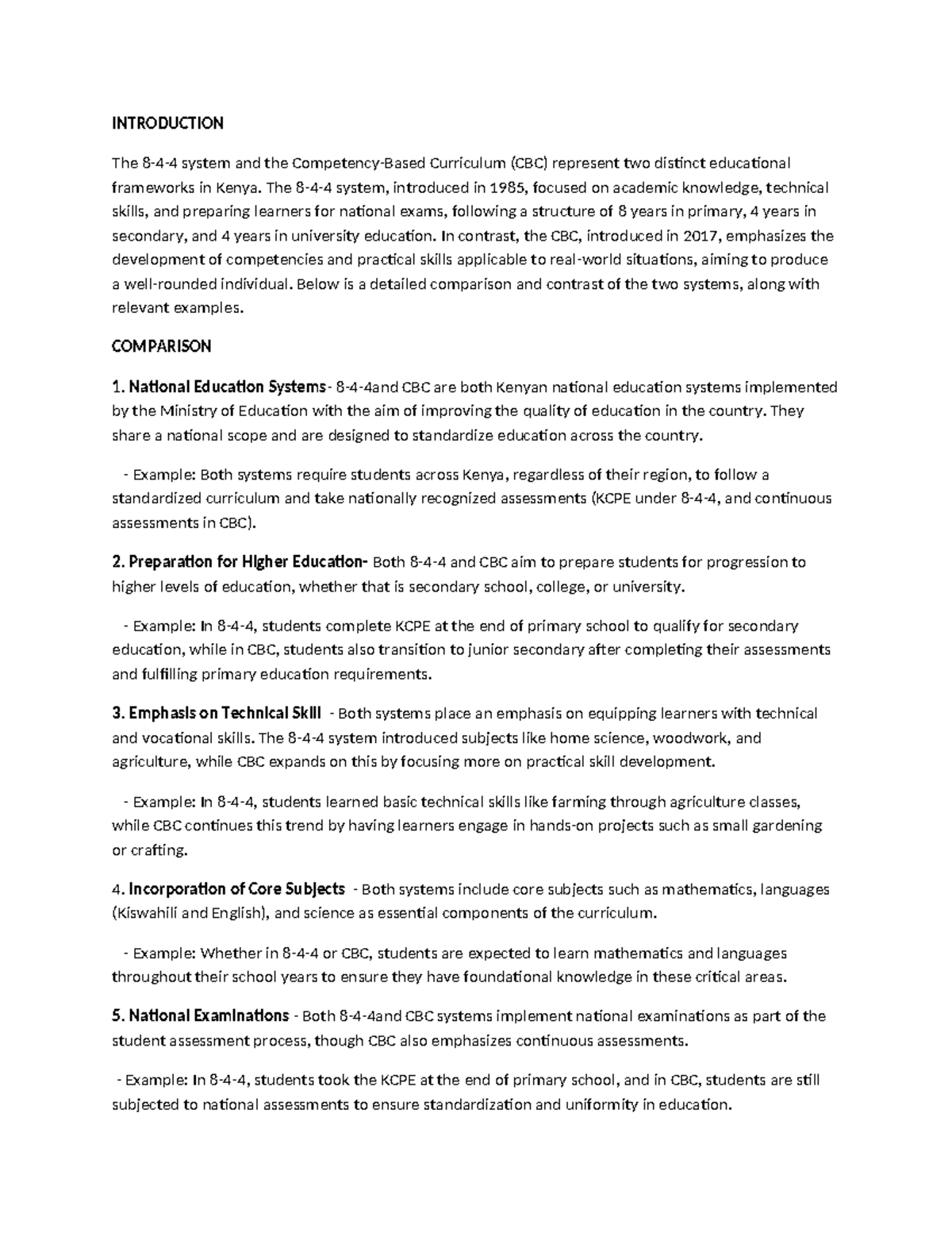 Assignment EMP 211 - INTRODUCTION The 8-4-4 system and the Competency-Based Curriculum (CBC ...