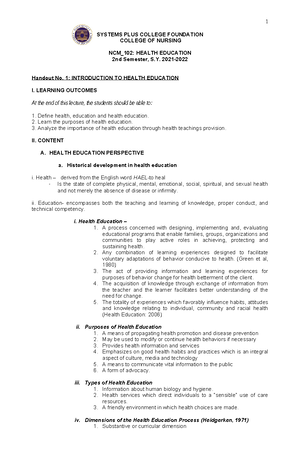 Health Educ Handout 9 - SYSTEMS PLUS COLLEGE FOUNDATION Angeles City ...