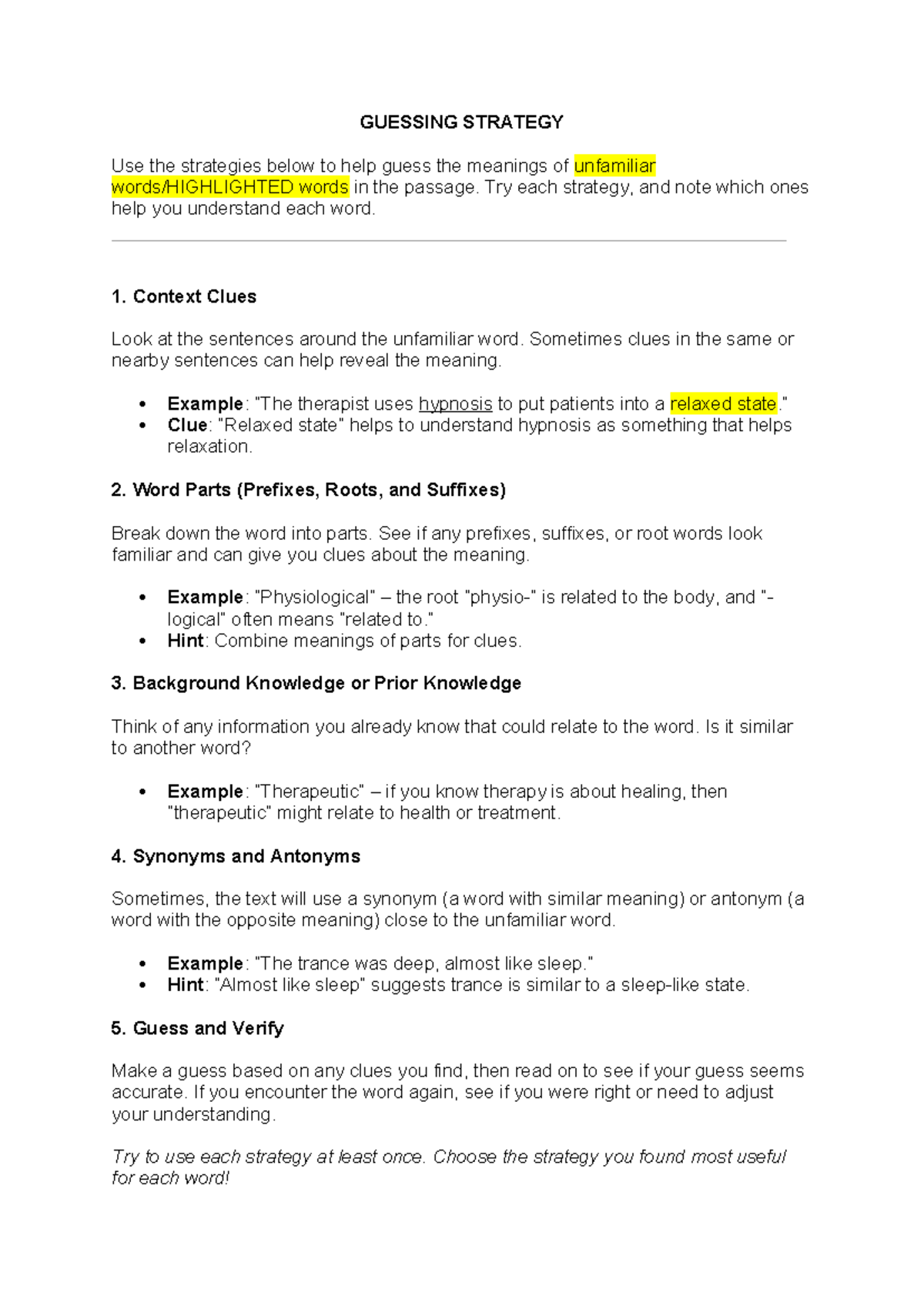 U1-PWS RW2 - Activities for Reading - Guessing Strategies - GUESSING ...