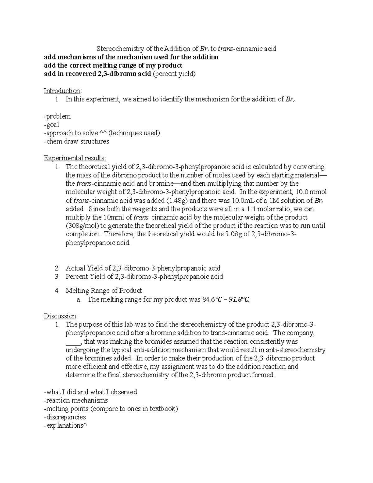 237 Lab Report Exp. 1 - CH 237 experiment 1 - Stereochemistry of the ...
