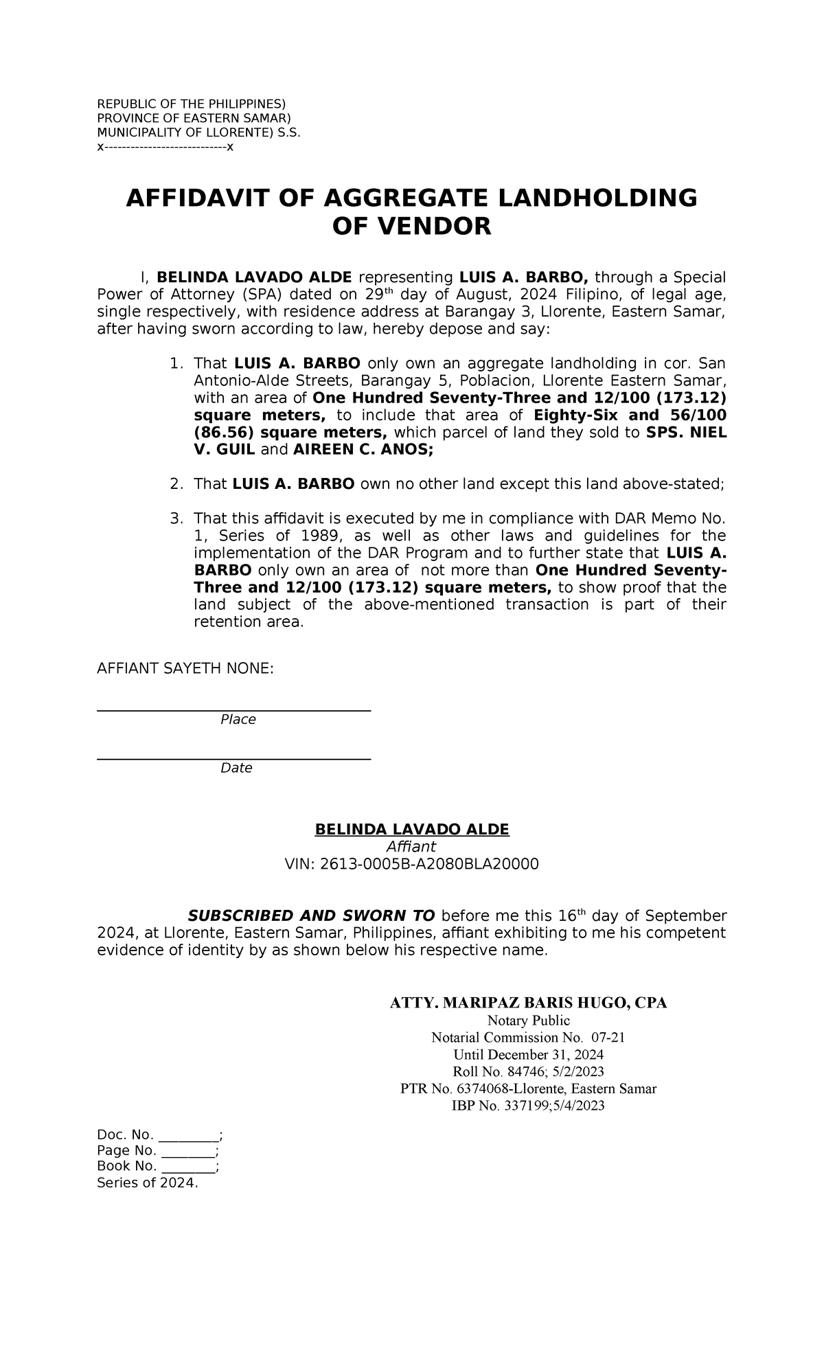 Aggregate Landholding OF Vendor - ATTY. MARIPAZ BARIS HUGO, CPA Notary ...