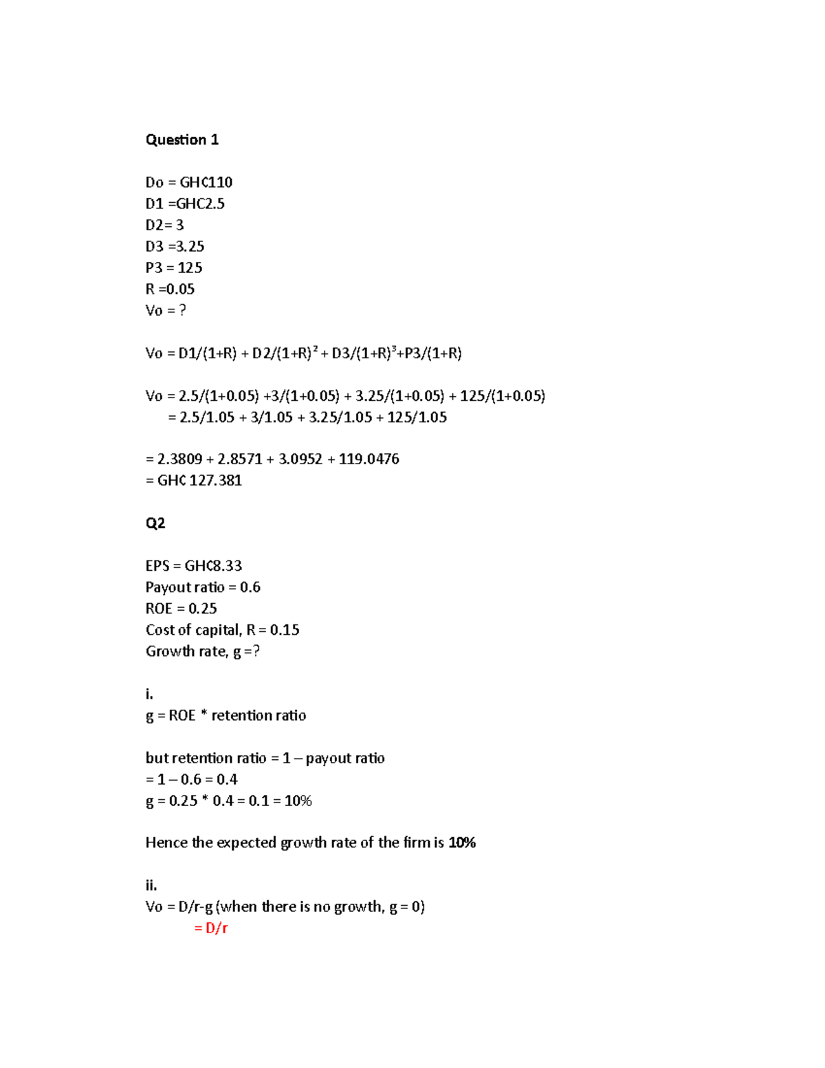 Solution TO CF Practice Questions - Question 1 Do = GH¢ D1 =GHC2. D2= 3 D3 =3. P3 = 125 R =0. Vo ...