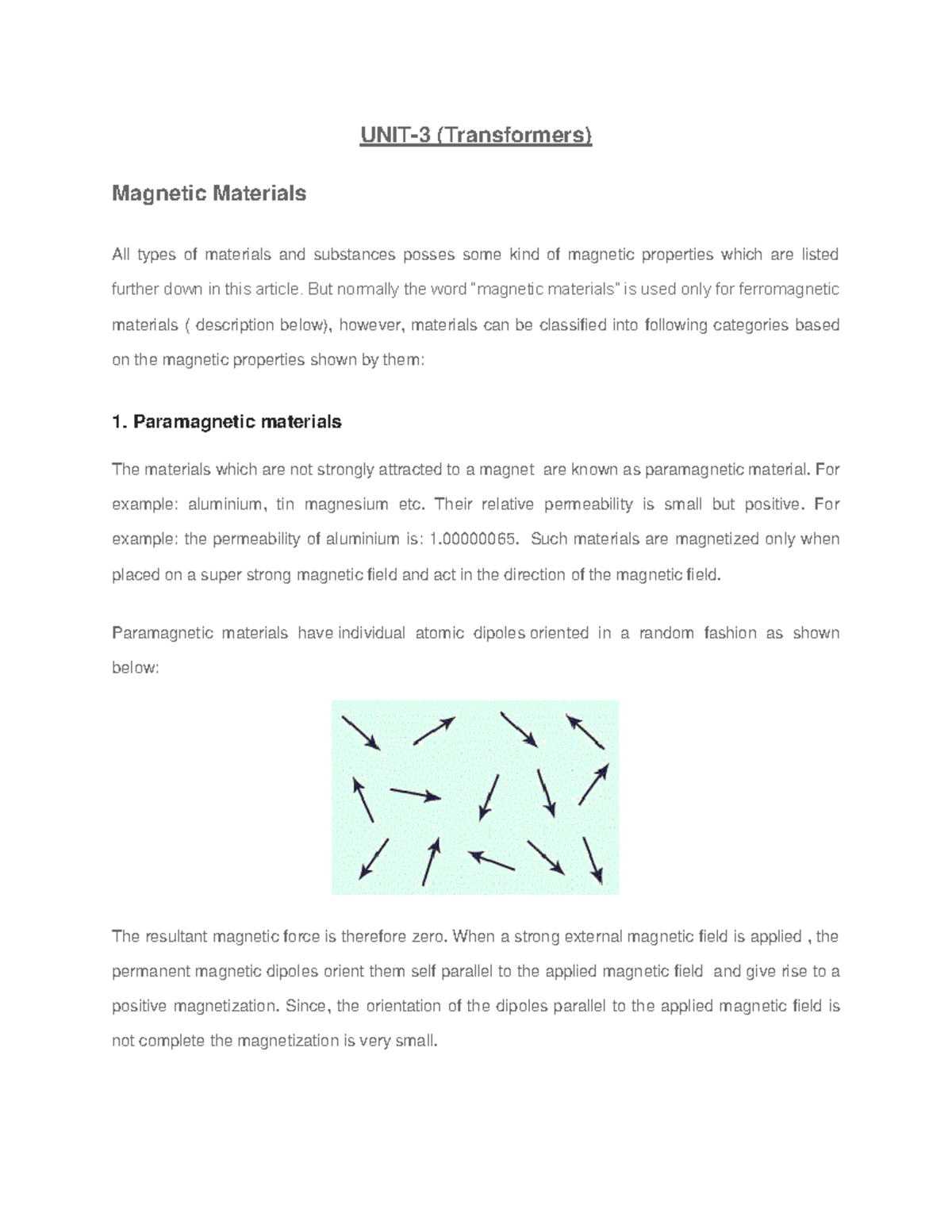Material, Curve - EE - UNIT-3 (Transformers) Magnetic Materials All types of materials and - Studocu
