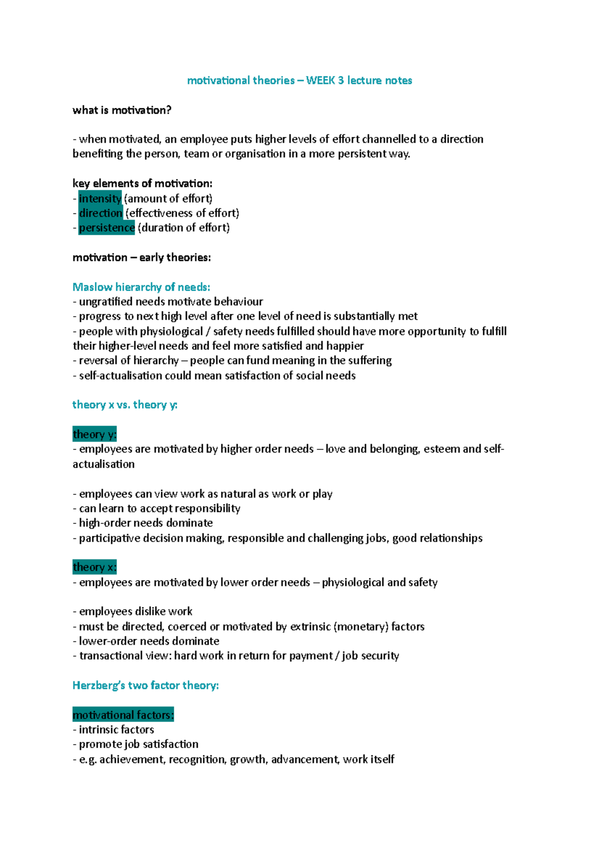 Motivational theories - WEEK 3 - motivational theories – WEEK 3 lecture ...