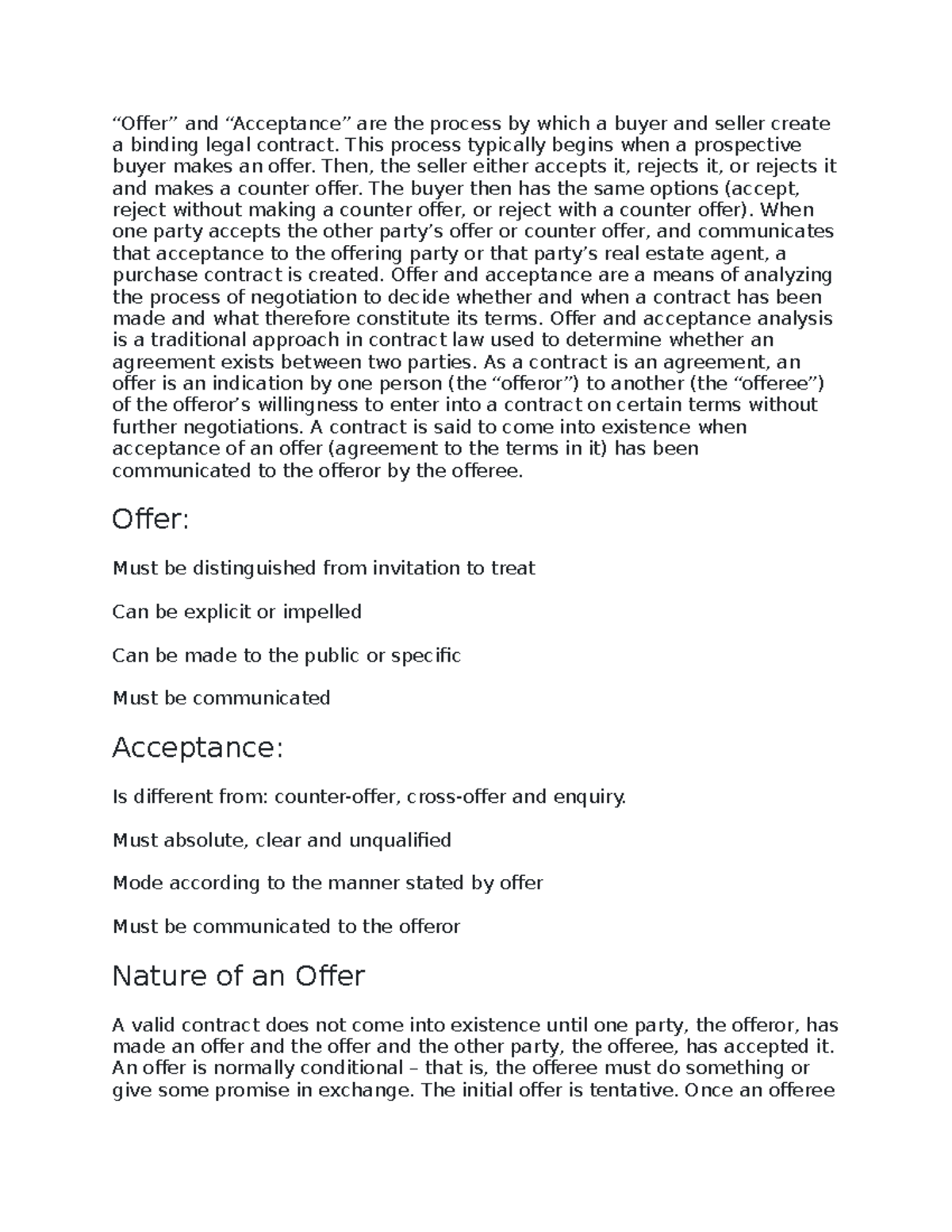 Offer and acceptance - “Offer” and “Acceptance” are the process by ...