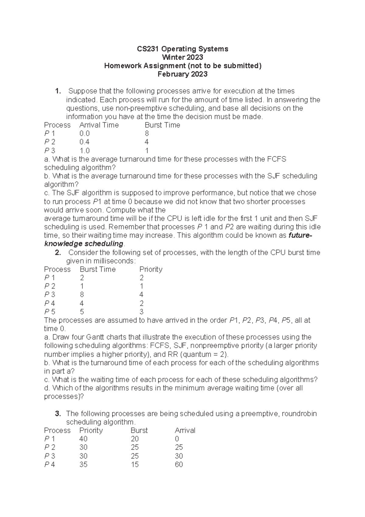 Practise Questions - Practice Question for exams. - CS231 Operating Systems Winter 2023 Homework ...