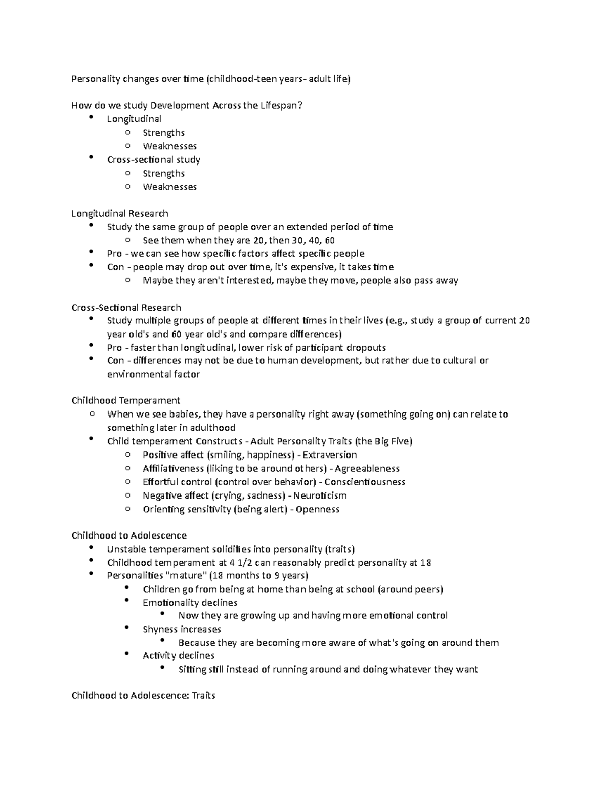 Personality Notes 6 - Personality changes over time (childhood-teen ...
