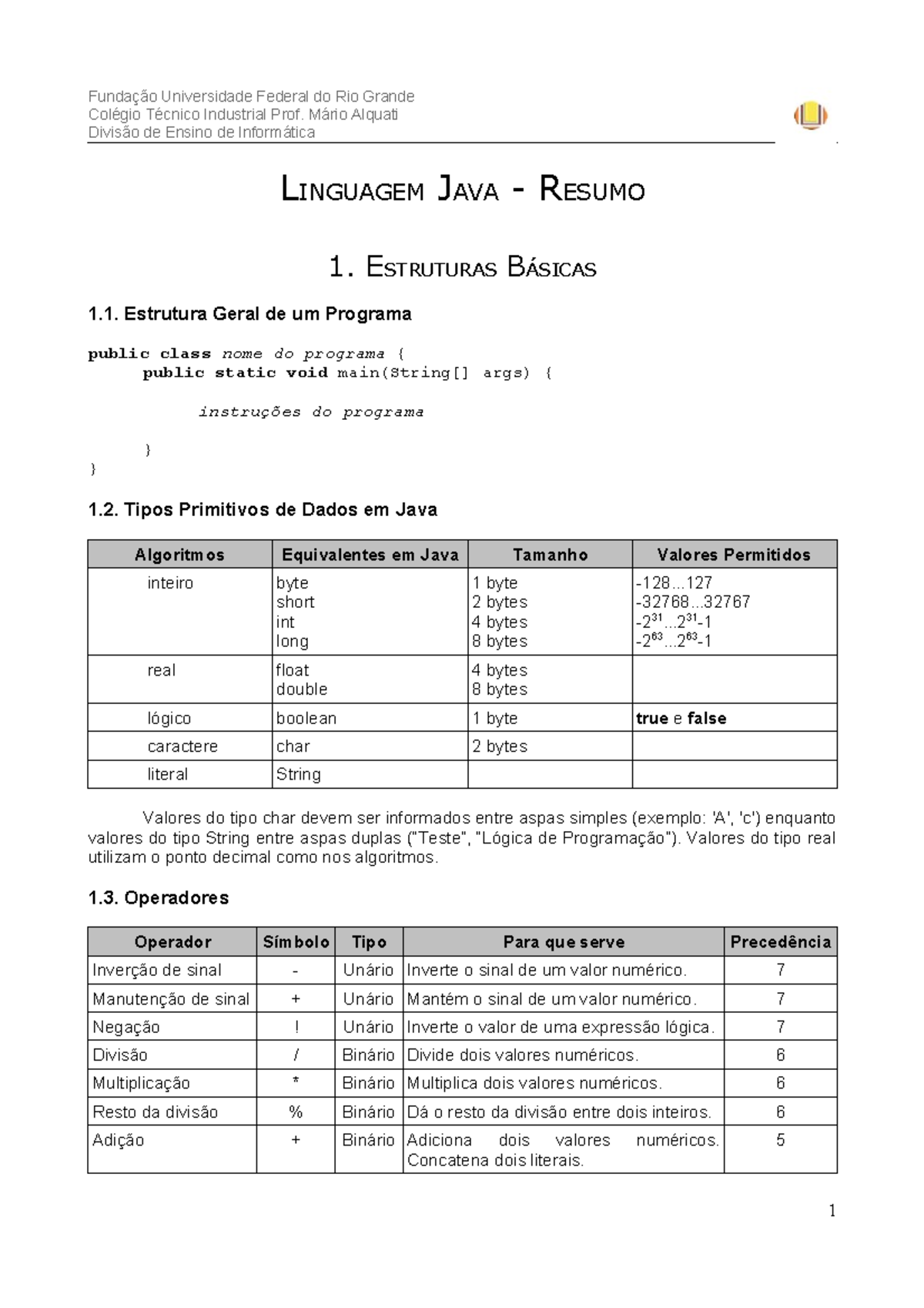 Resumo da Linguagem Java - Colégio Técnico Industrial Prof. Mário ...
