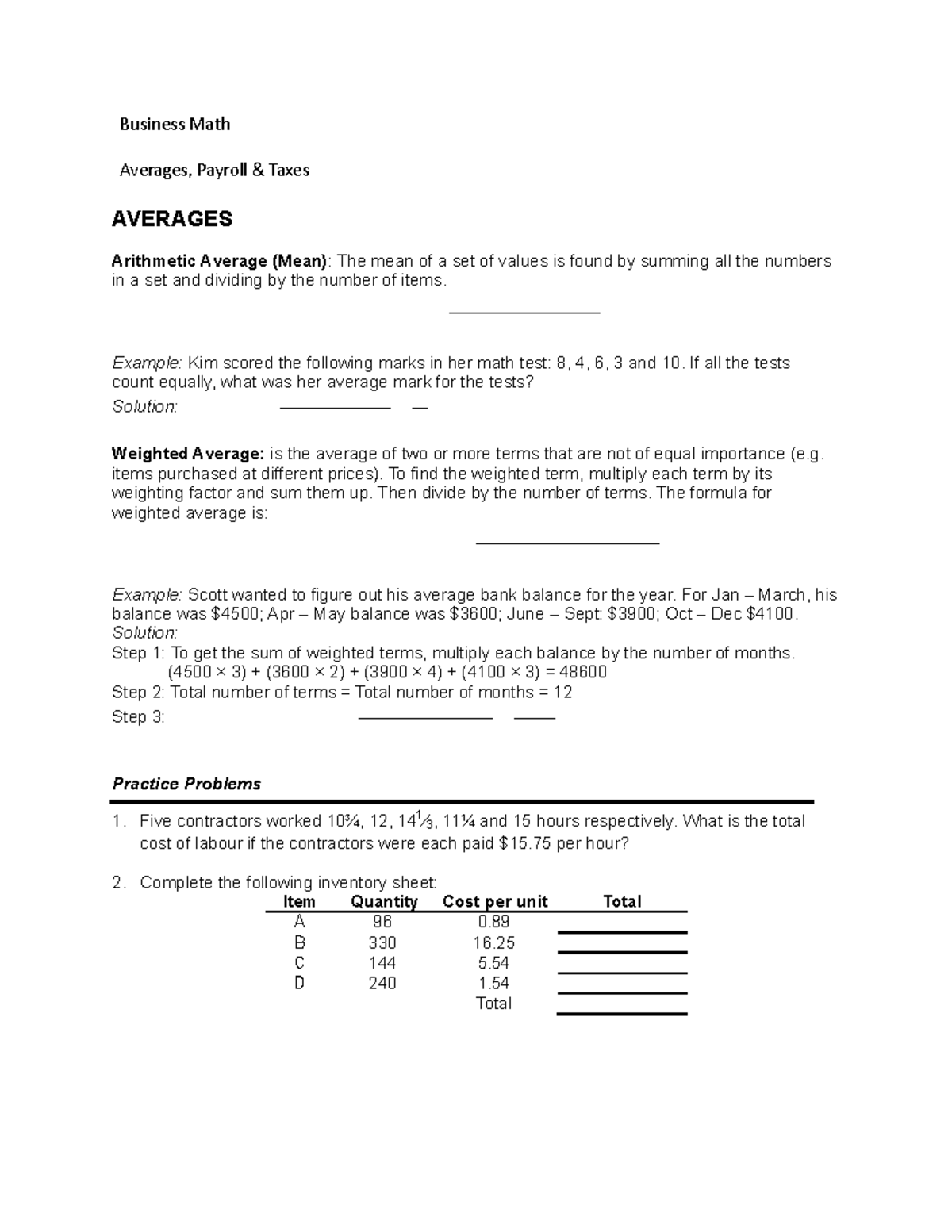 Payroll and Taxes - This is coursework for Business Math. Their are ...