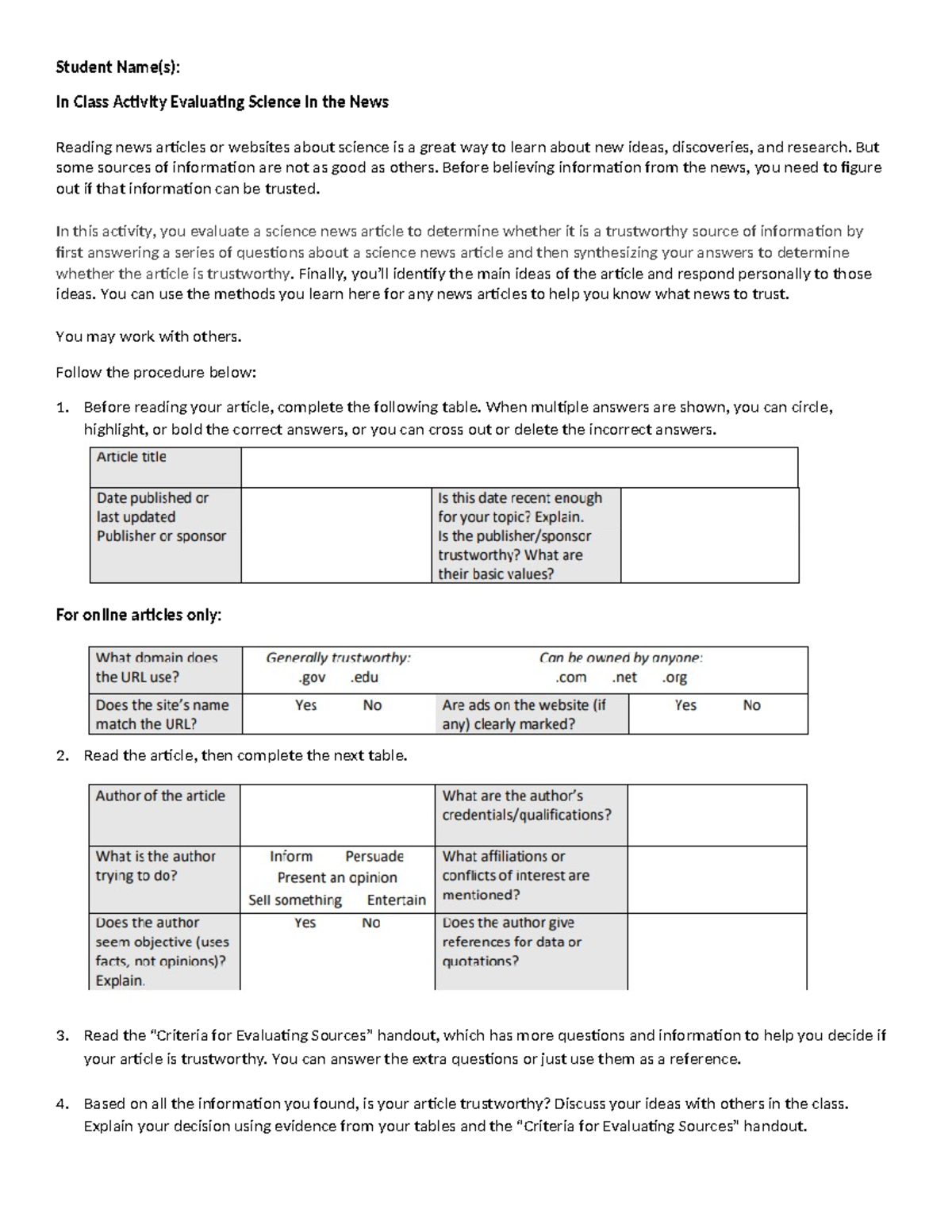 In Class Evaluating Science Communication Print Me-1 - Student Name(s): In Class Activity ...