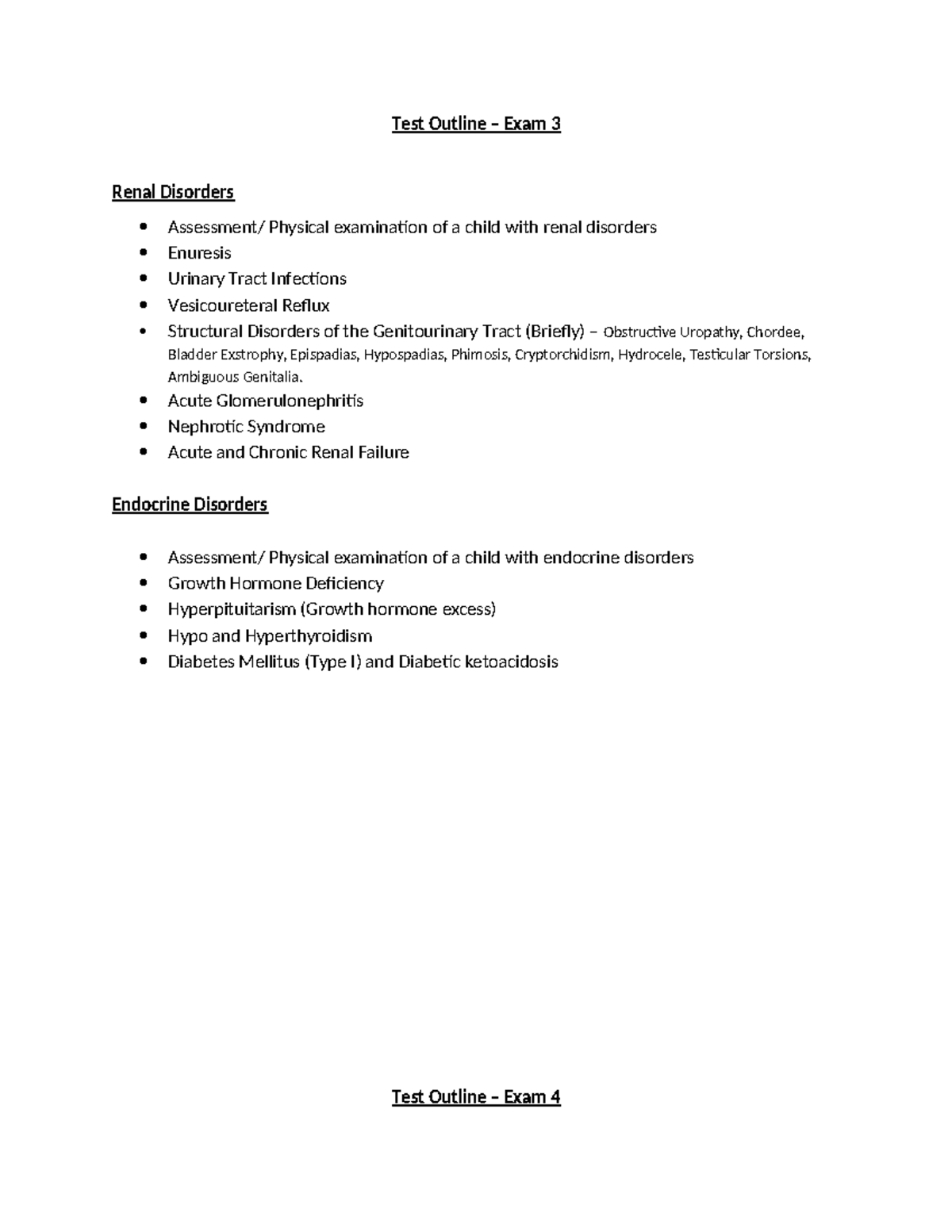 Test Outline - Exam 3 and 4 - Test Outline – Exam 3 Renal Disorders ...