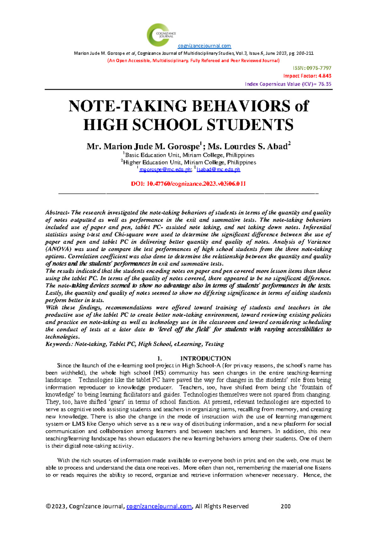 V3I609 - Marion Jude M. Gorospe et al, Cognizance Journal of ...
