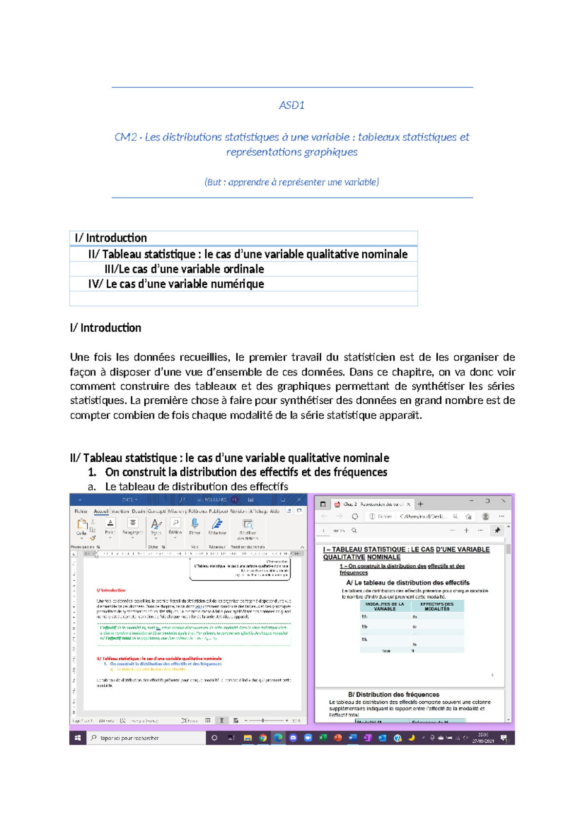 ASD1 CM2 - Cours ASD - ASD CM2 · Les distributions statistiques à une variable : tableaux - Studocu
