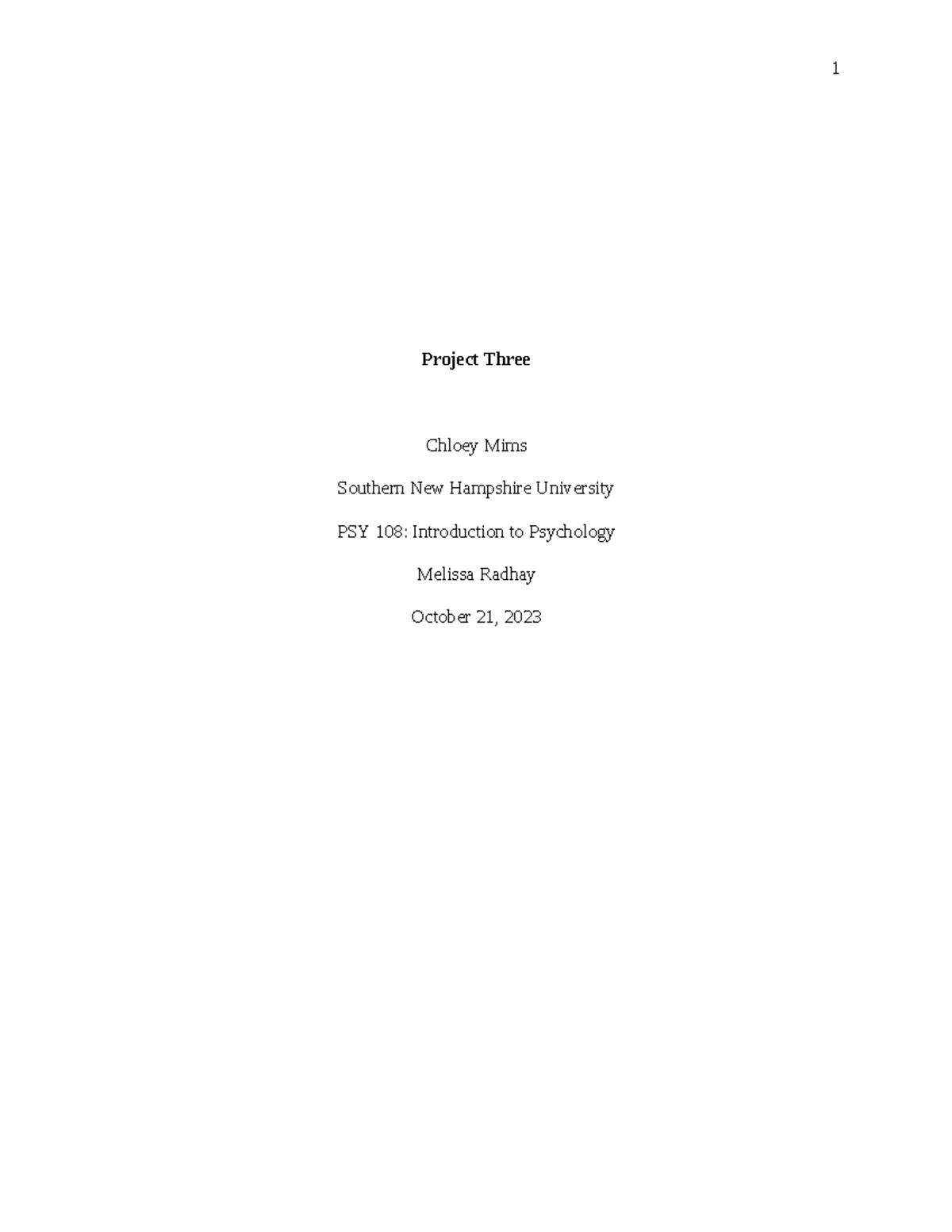 PSY108 Project Three - n/a - Project Three Chloey Mims Southern New ...