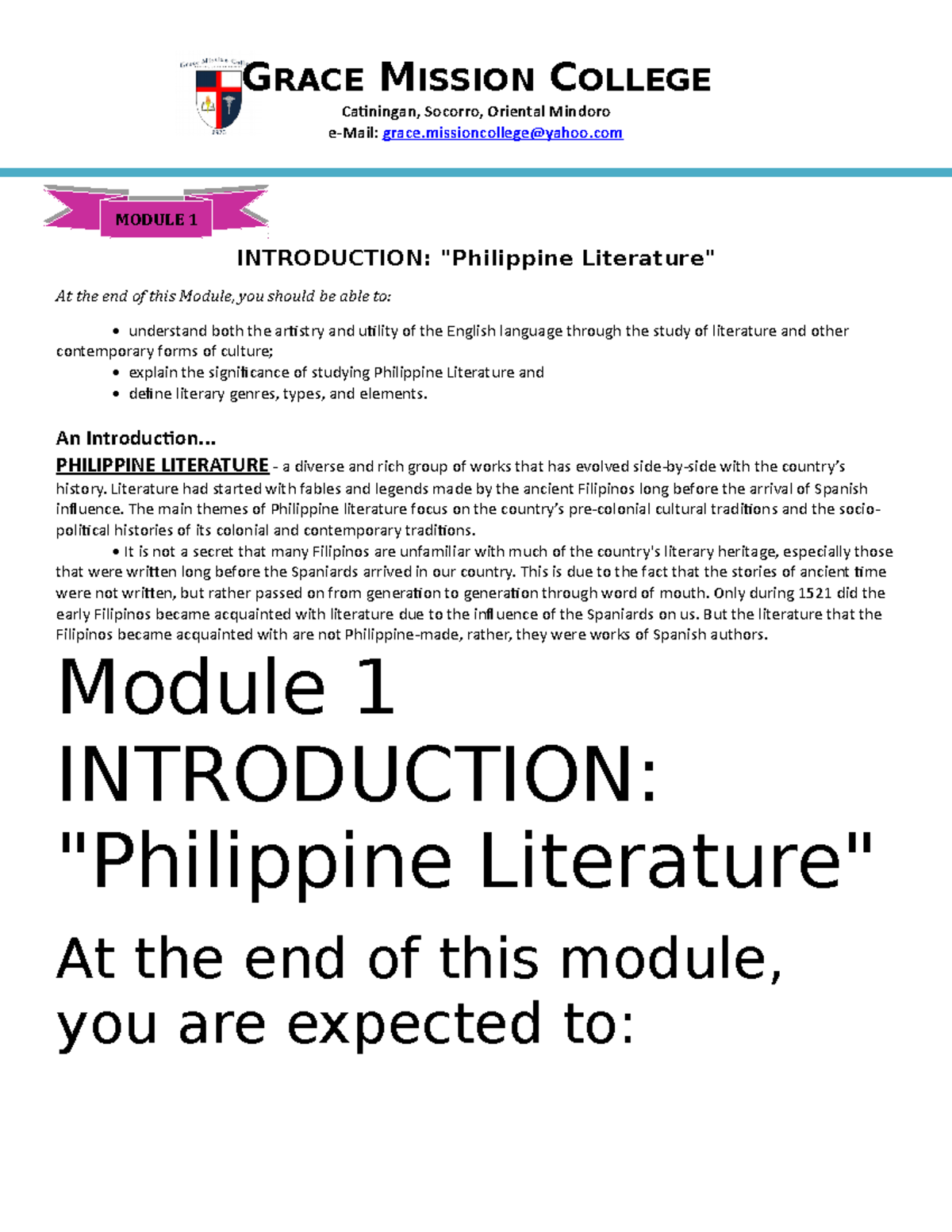 Module-1 - Catiningan, Socorro, Oriental Mindoro e-Mail: grace@yahoo ...